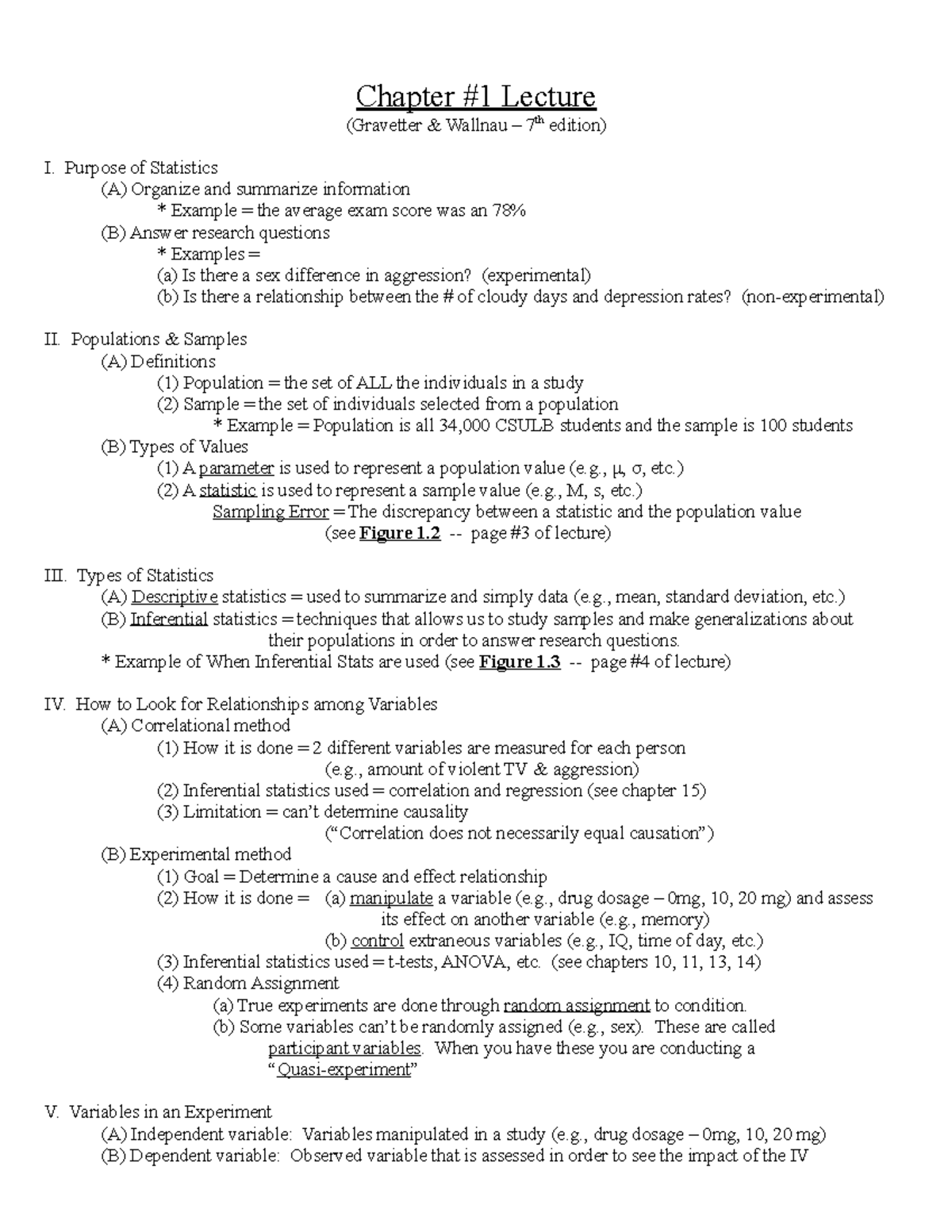 Chapter #1 Lecture PSY210 - Chapter #1 Lecture (Gravetter & Wallnau – 7th edition) I. Purpose of ...