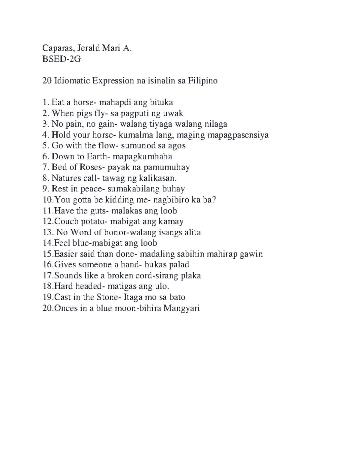 Ilide - hey - Caparas, Jerald Mari A. BSED-2G 20 Idiomatic Expression ...