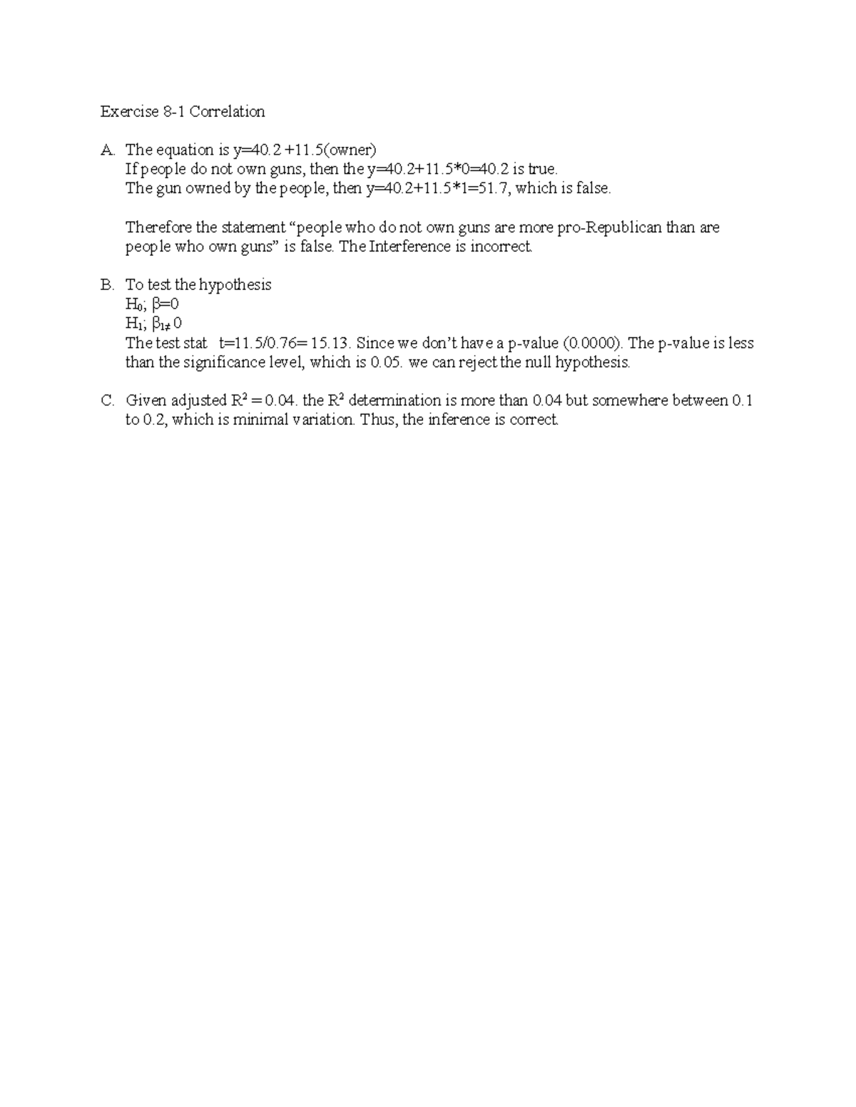 8-1 Exercise- Correlation - Exercise 8-1 Correlation A. The equation is ...