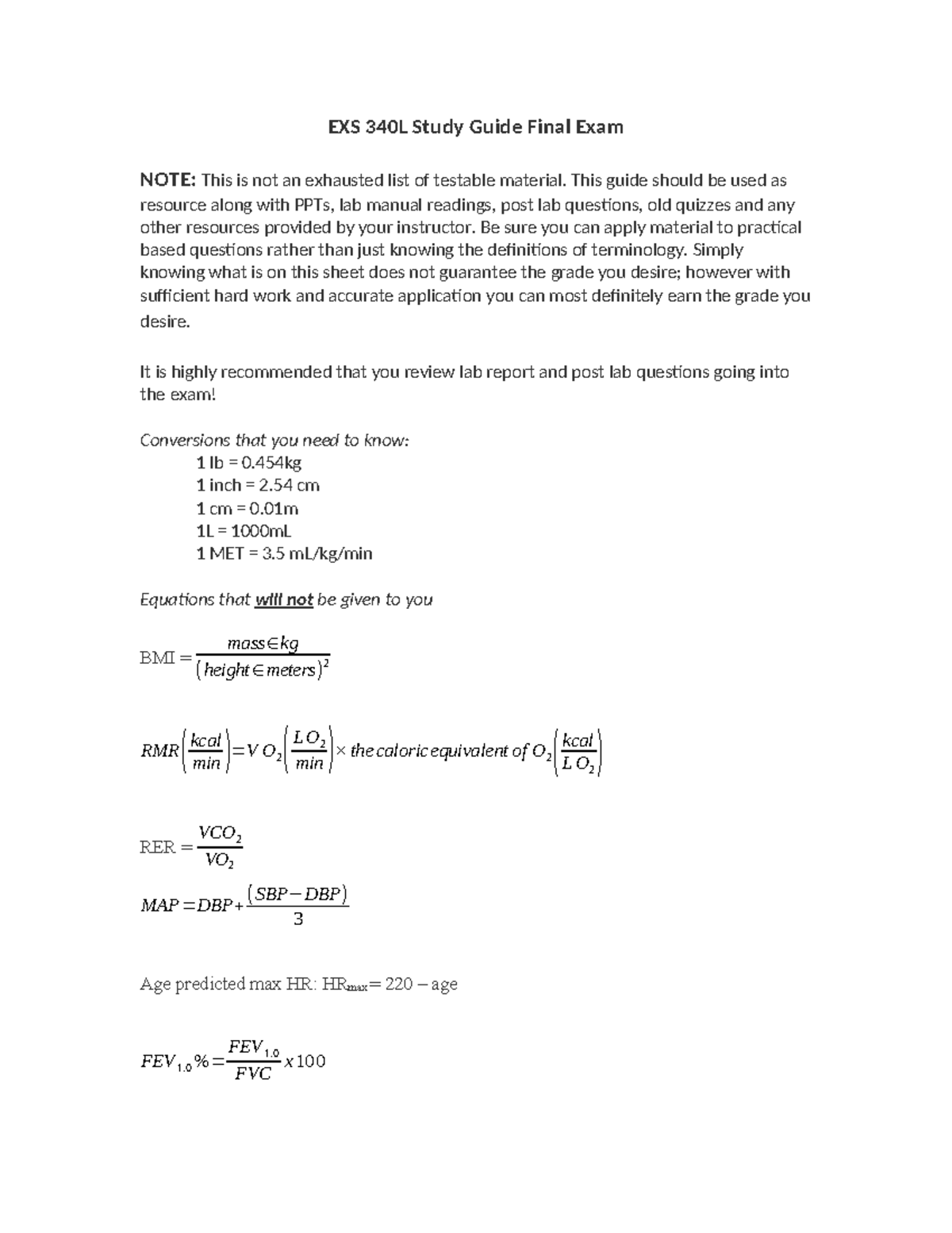 EXS 340L Study Guide - This guide should be used as resource along with PPTs, lab manual ...