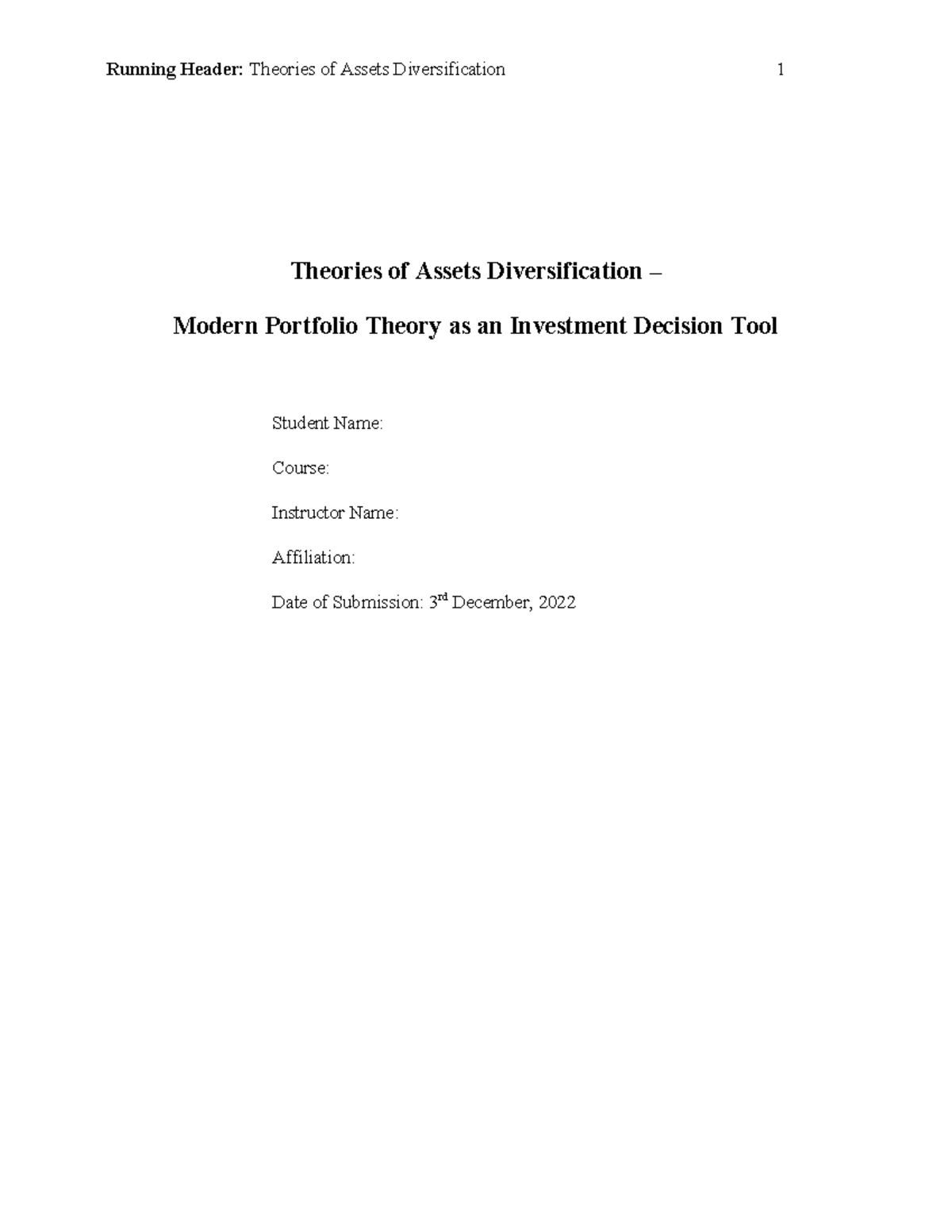 Theories of Assets Diversification ( Modern Portfolio Theory AS AN ...
