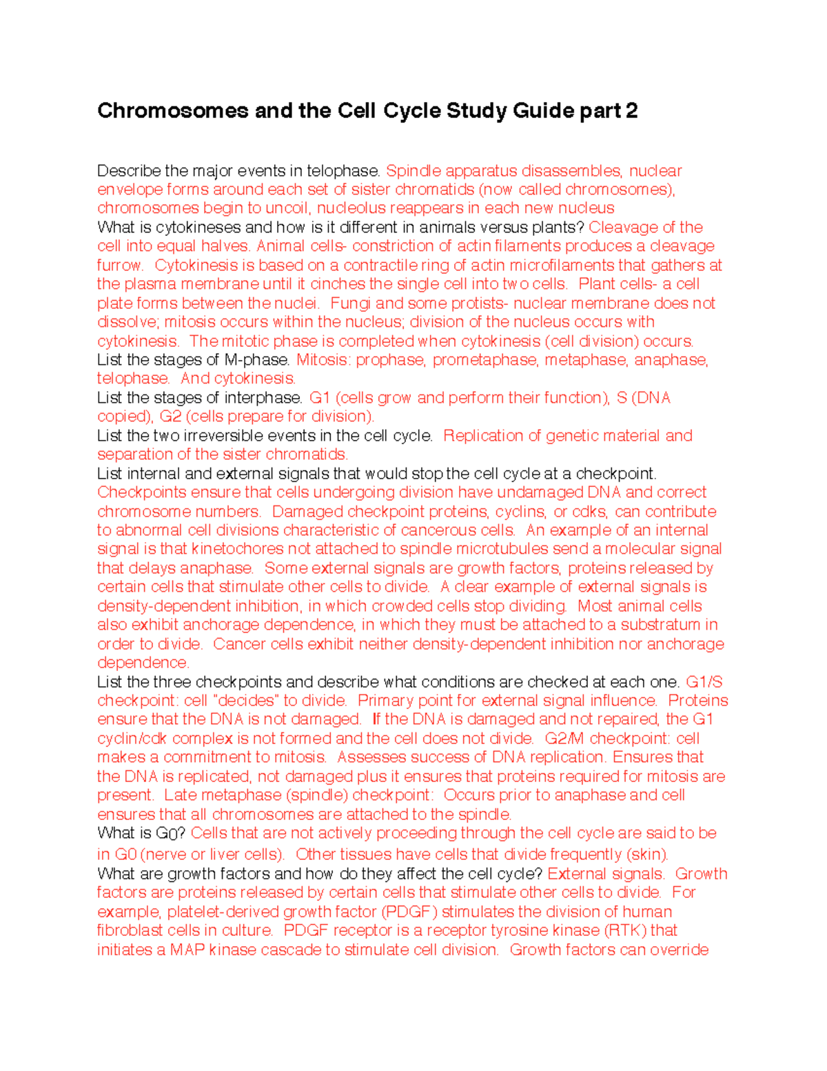 Cell Study Guide - Chromosomes and the Cell Cycle Study Guide part 2 ...