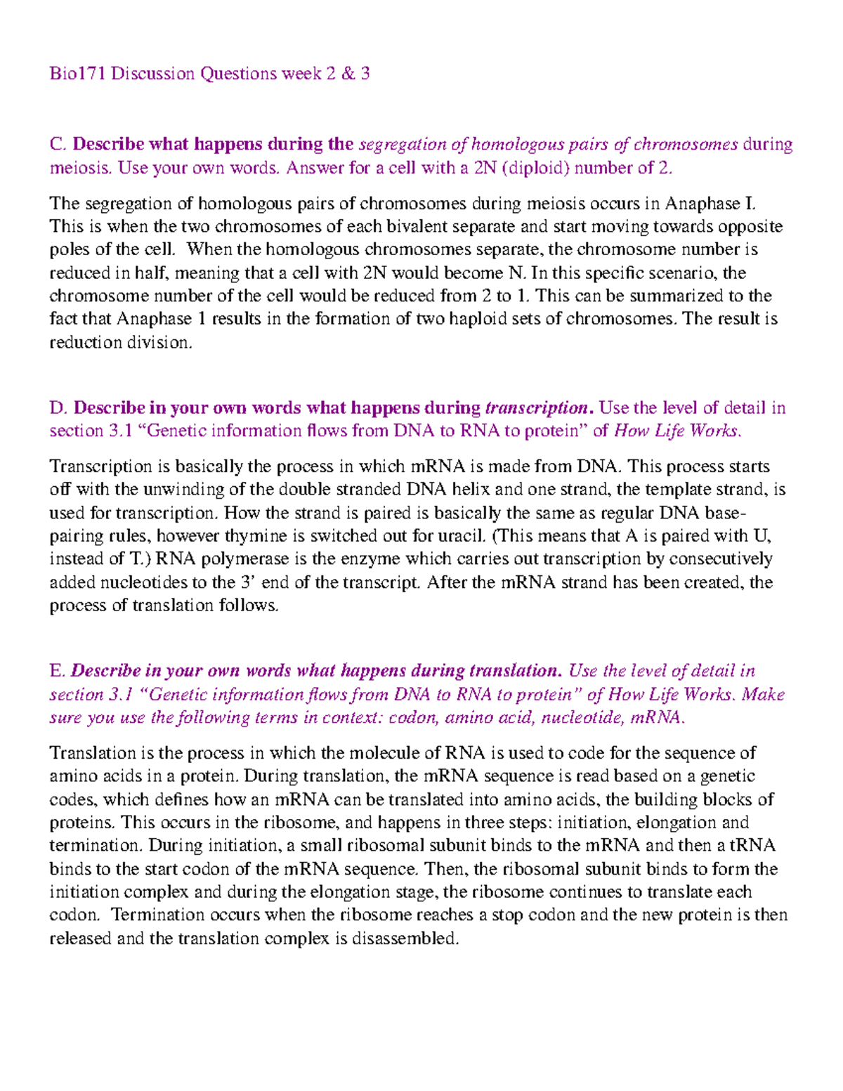 Pre-discussion week 3&4 - Bio171 Discussion Questions week 2 & 3 C ...