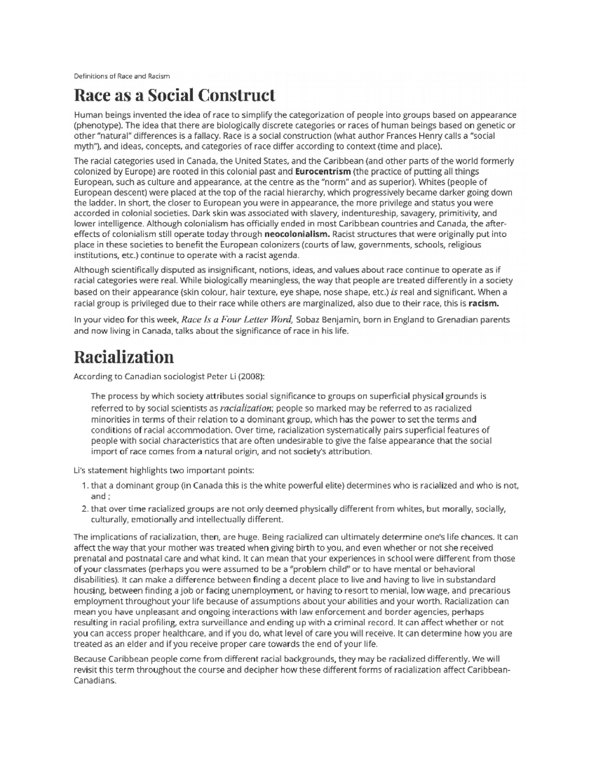 Week 1 Module Lecture Notes And Textbook Summaries Split Per Topic And Week For Racism And 