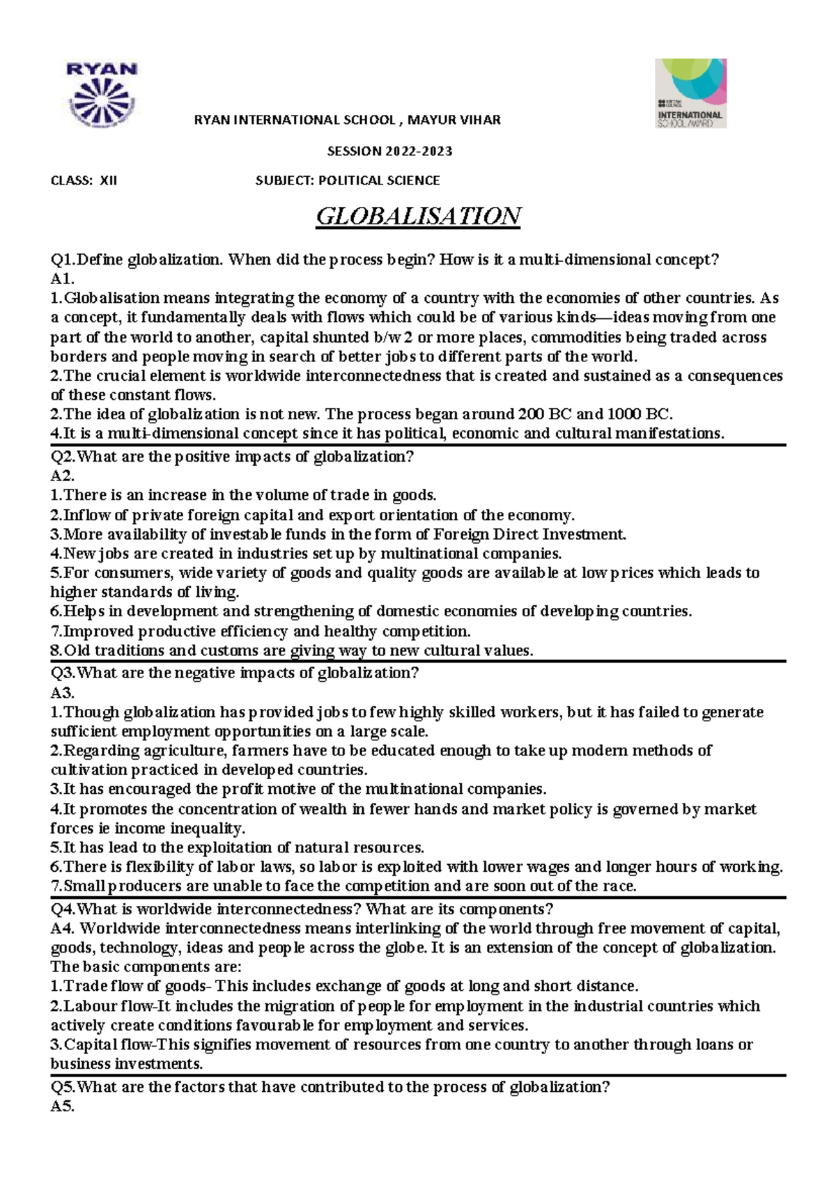 Globalization IMP. Questions - RYAN INTERNATIONAL SCHOOL , MAYUR VIHAR ...