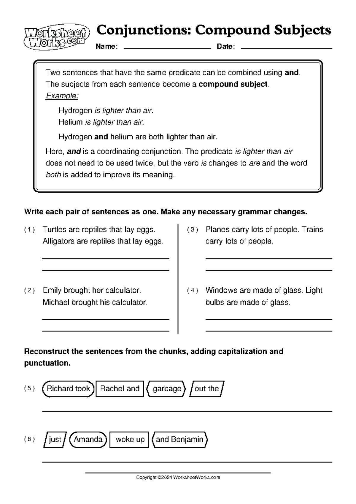 Worksheet Works Conjunctions Compound Subjects 1 - Two sentences that ...