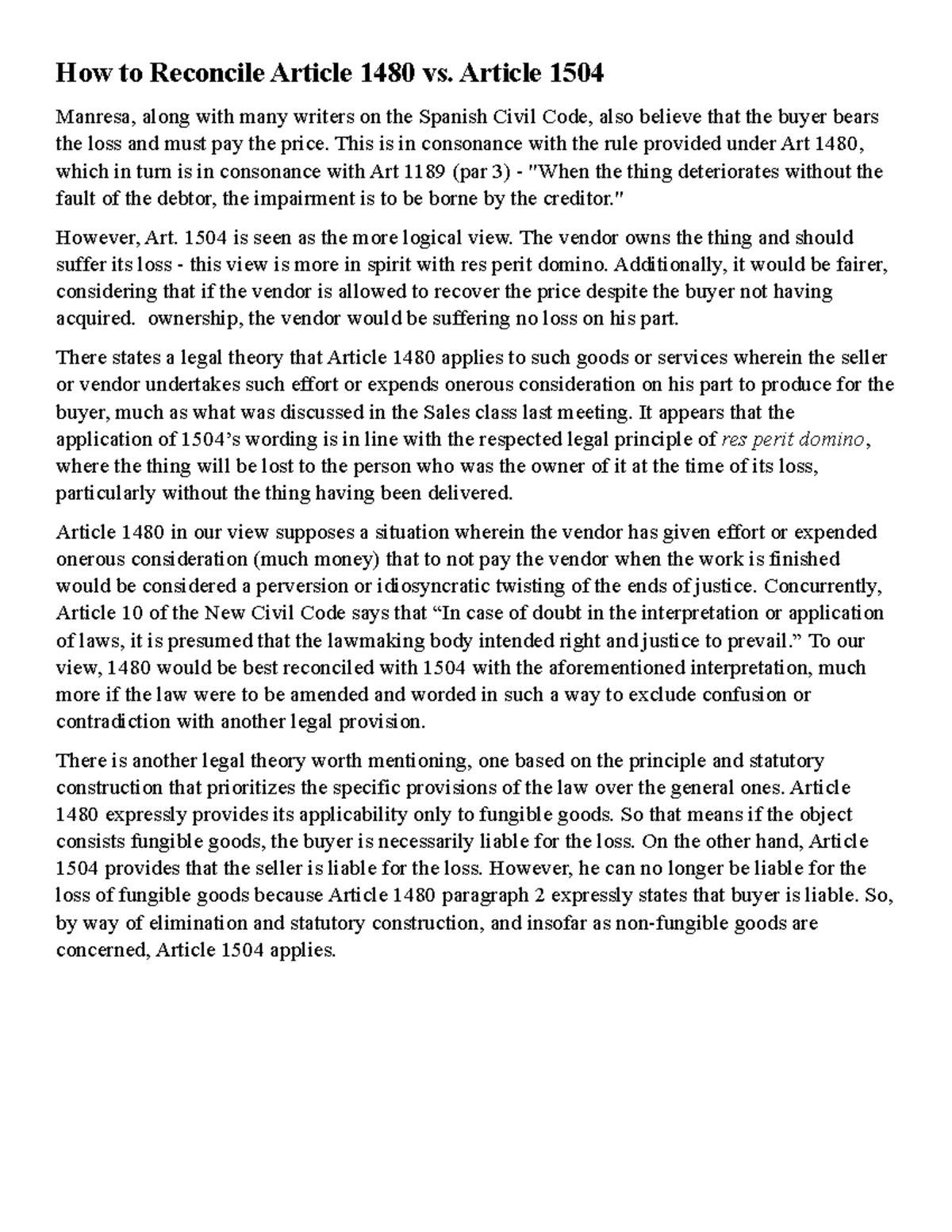 Sales Law - Differentiating Article 1480 vs 1504 - How to Reconcile ...