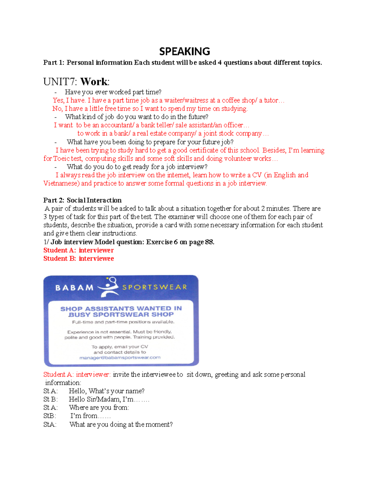 Ôn thi CK TA2 Speaking - SPEAKING Part 1: Personal information Each student will be asked 4 ...