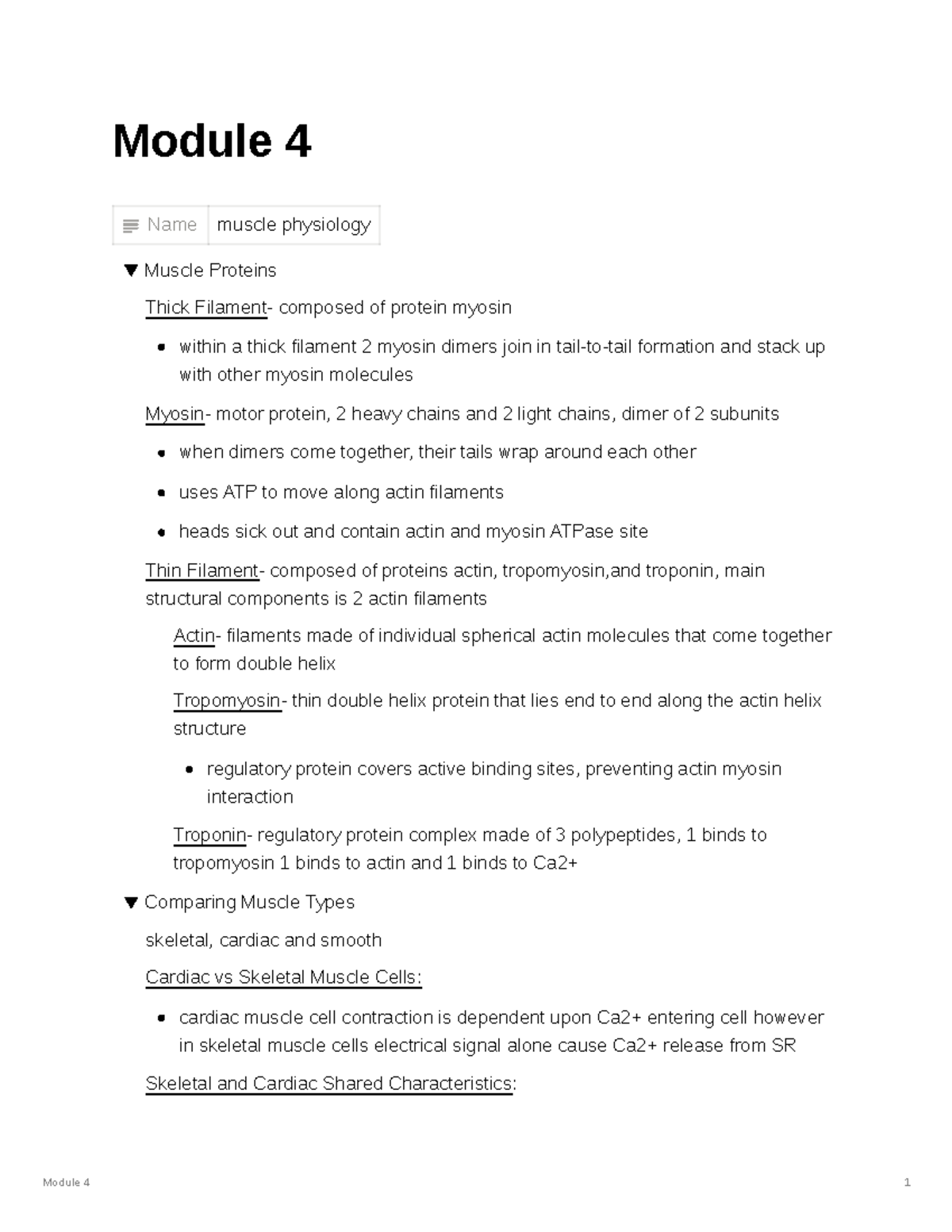 Module 4 PHGY - Module 4 Name muscle physiology Muscle Proteins Thick ...