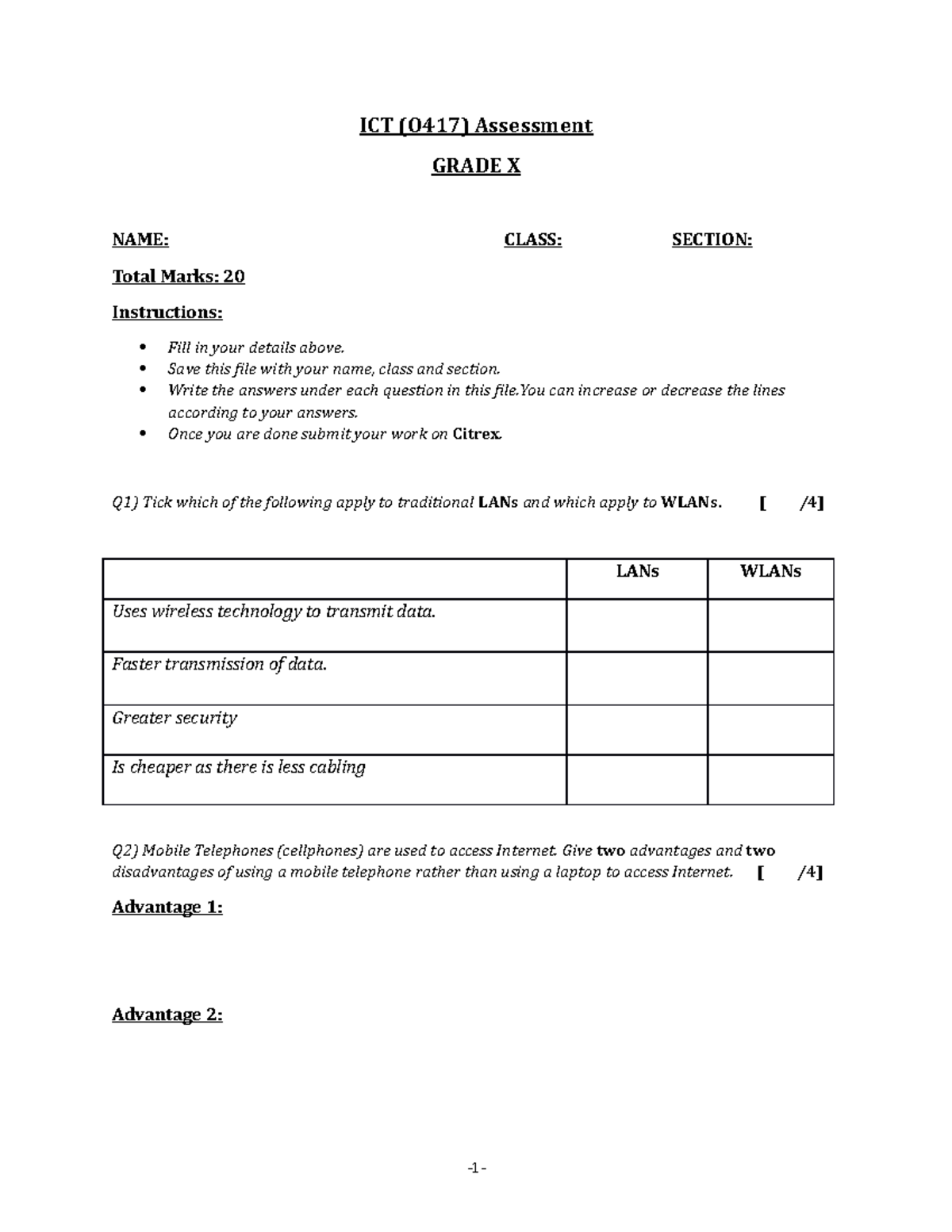 ICT Assessment Grade X Chap 4 & 5 - ICT (O417) Assessment GRADE X NAME ...