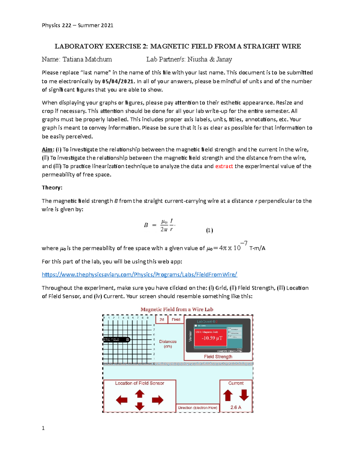 Physics 222 summer 2021 laboratory report - LABORATORY EXERCISE 2 ...