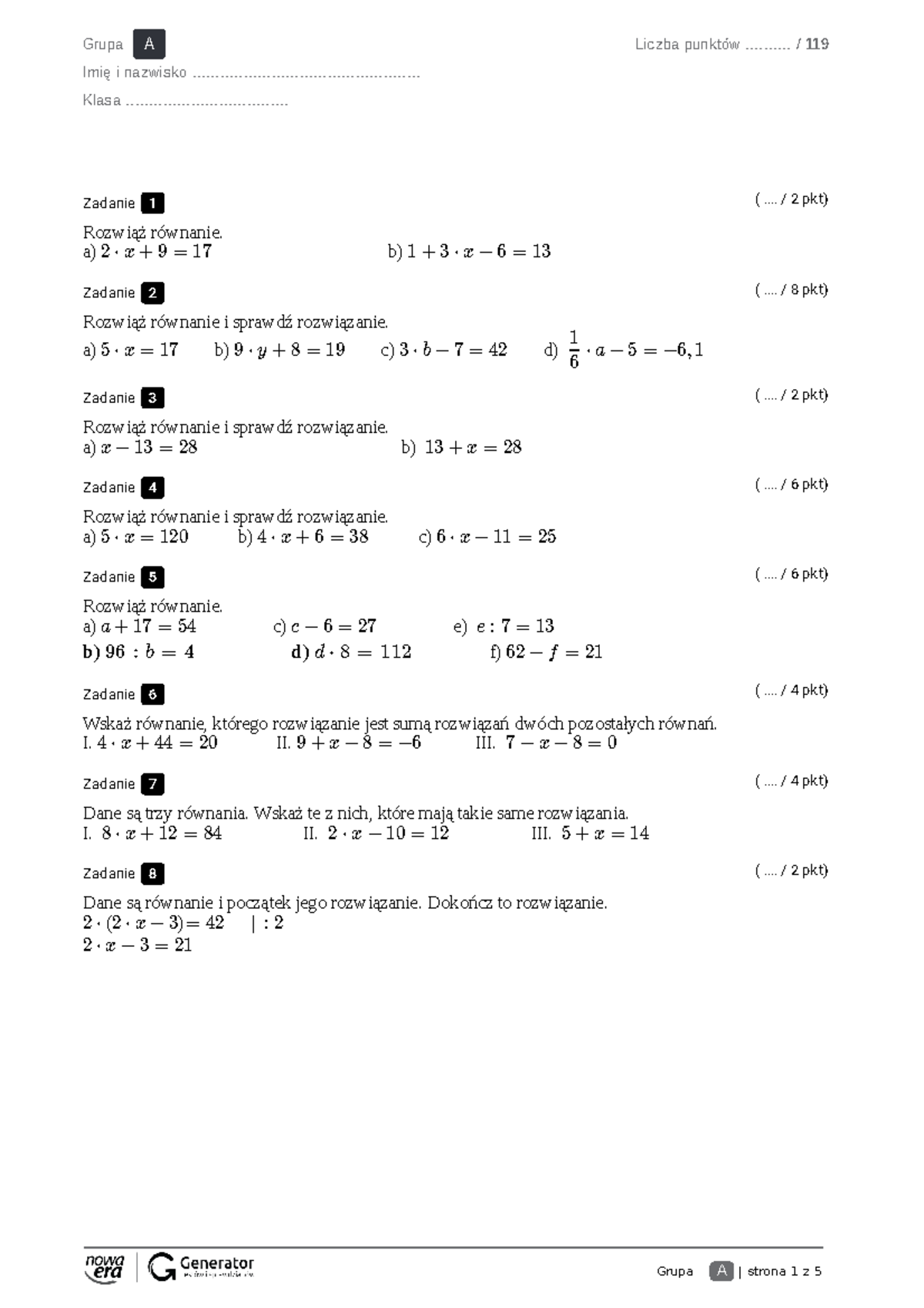 Równania klasa 6 - dfdsf - Grupa A Imię i nazwisko