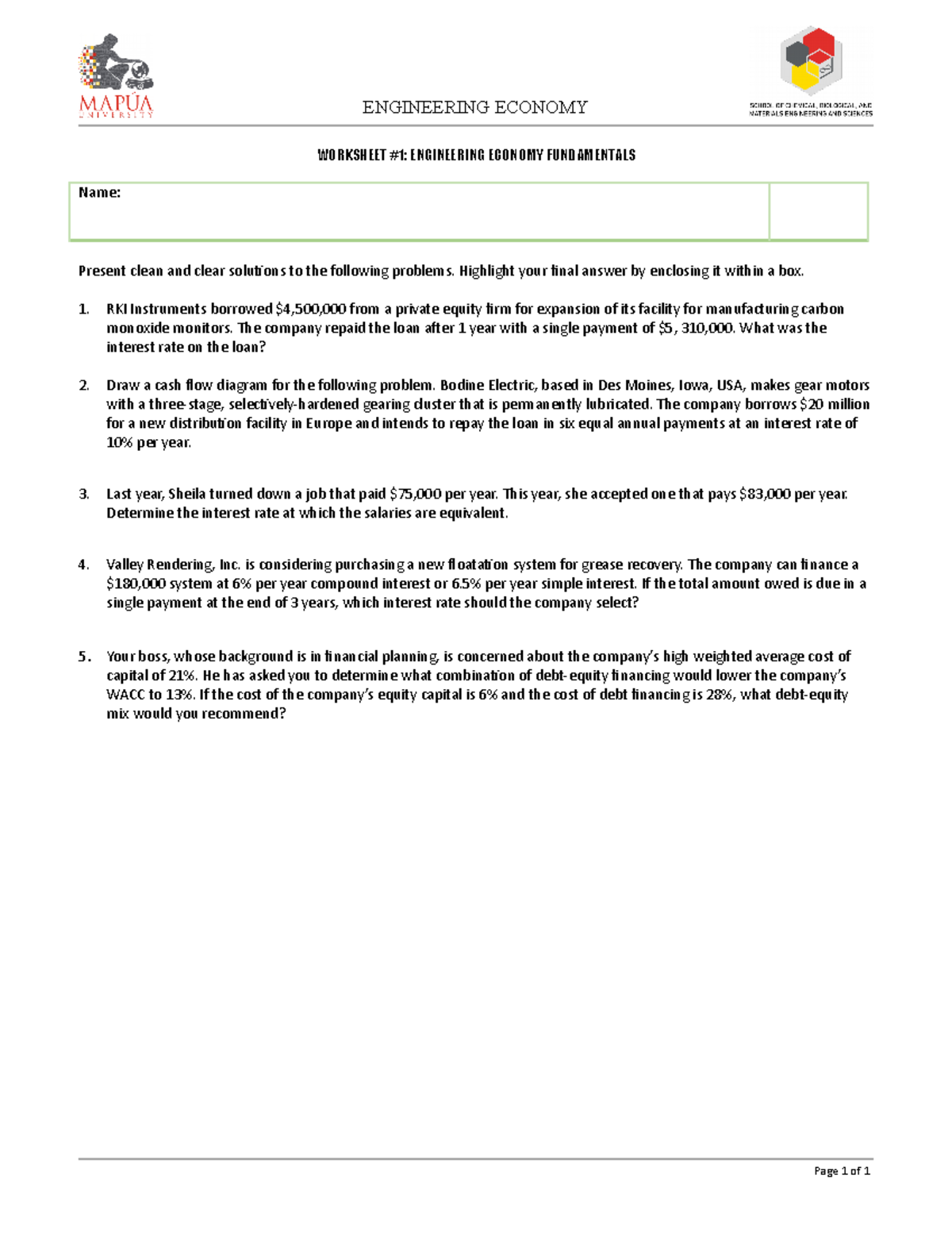 WS#1.1 Engineering Economy Fundamentals - ENGINEERING ECONOMY WORKSHEET ...