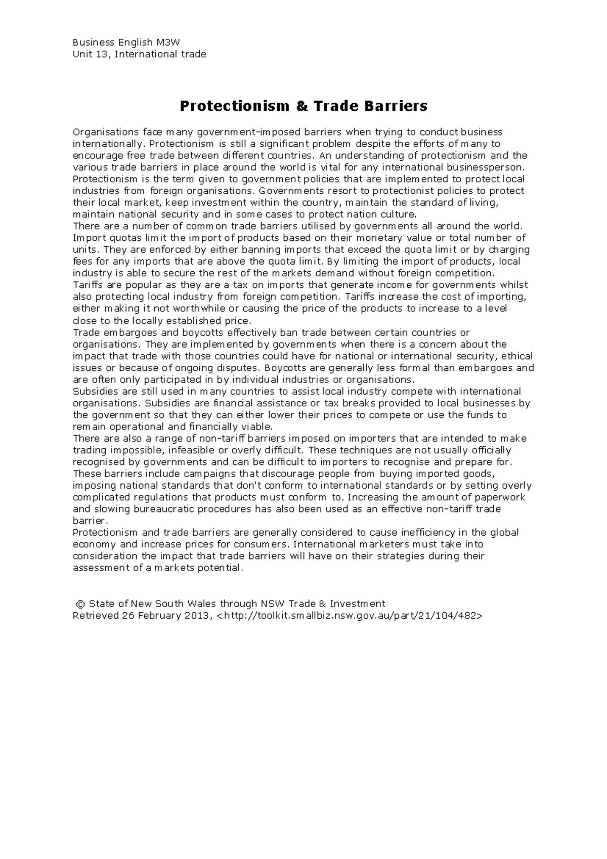 Protectionism and trade barriers - Business English M3W Unit 13 ...