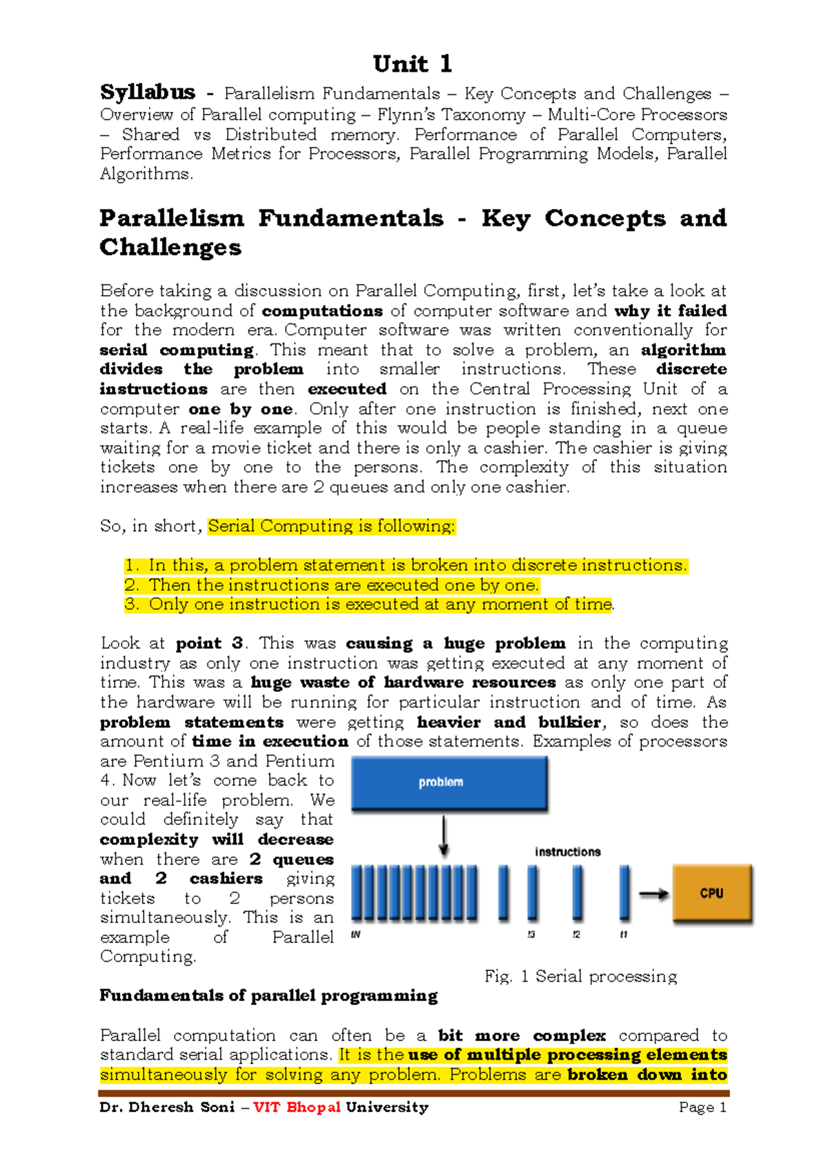 UNIT 1 - Unit 1 Syllabus - Parallelism Fundamentals – Key Concepts and Challenges – Overview of ...