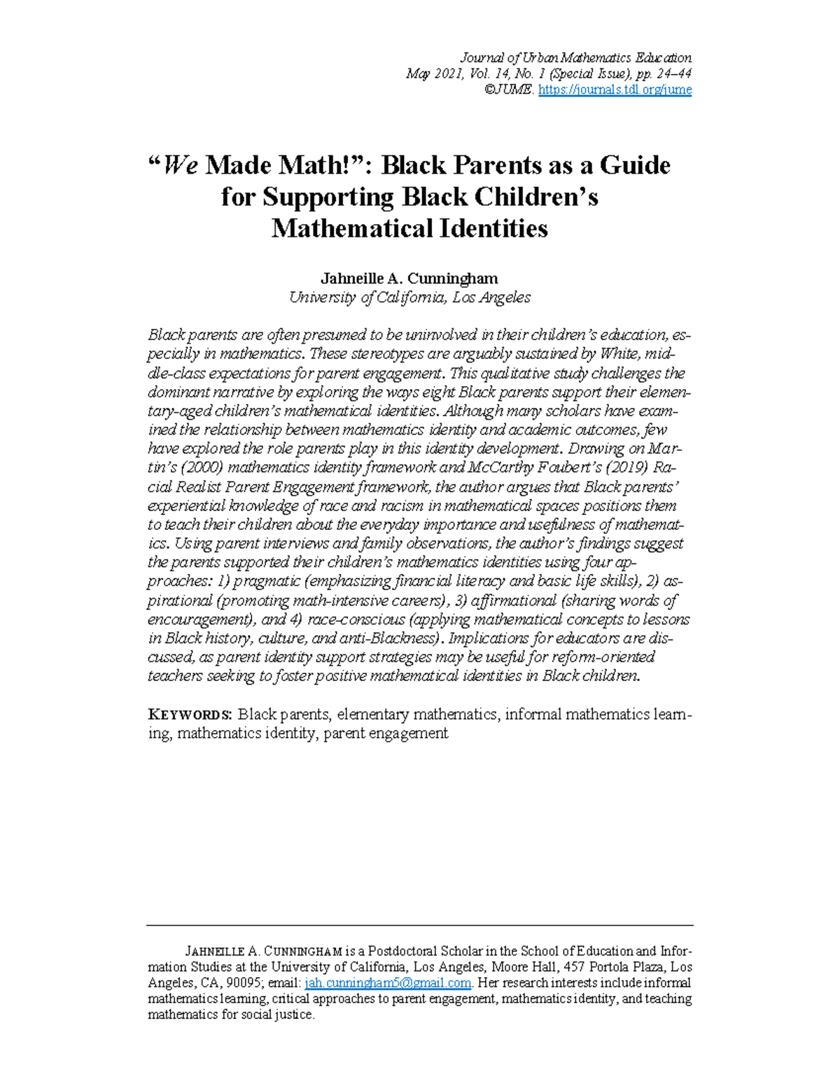 Black Parents as a Guide for Supporting Black Children’s Mathematical ...