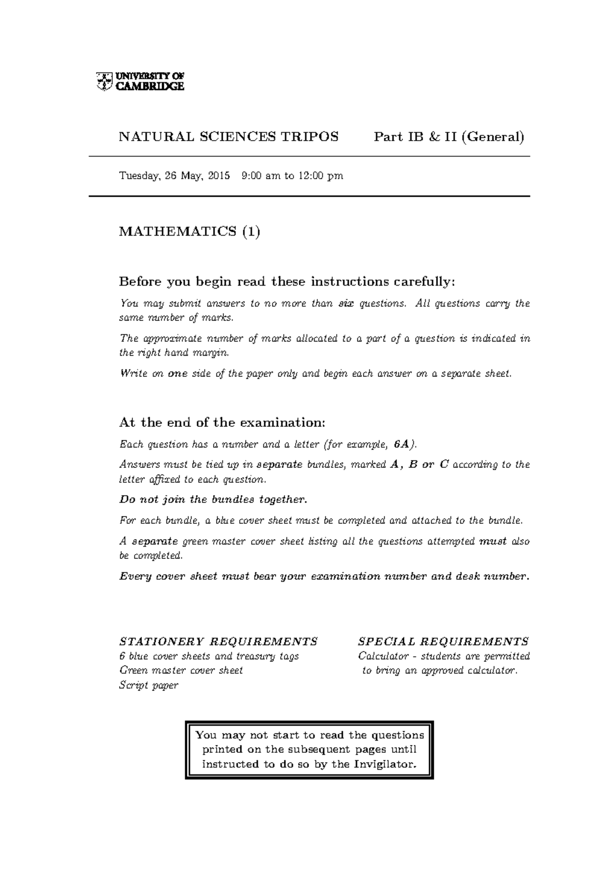 Exam 2015, questions - NATURAL SCIENCES TRIPOS Part IB & II (General ...