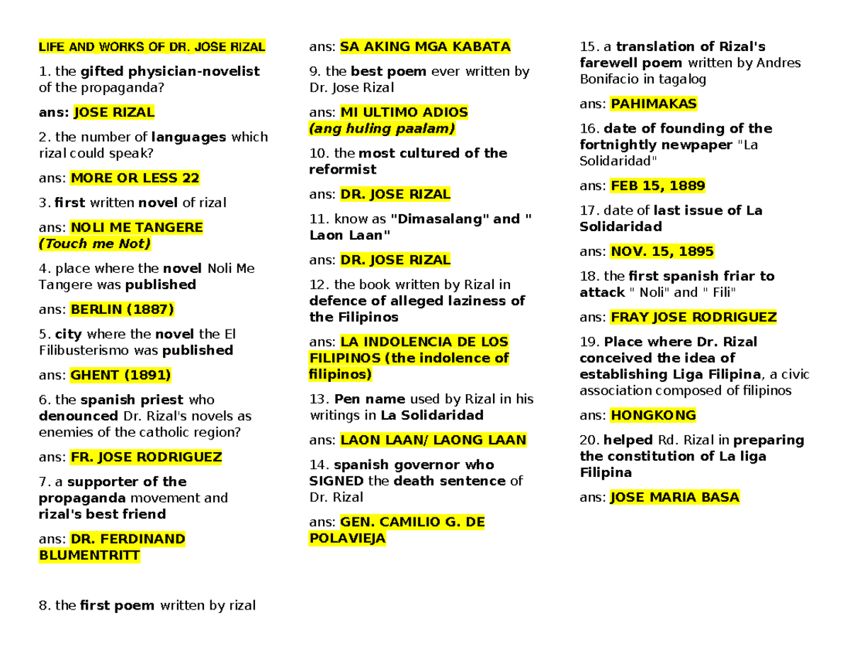 Rizal- Notes - 𝗟𝗜𝗙𝗘 𝗔𝗡𝗗 𝗪𝗢𝗥𝗞𝗦 𝗢𝗙 𝗗𝗥. 𝗝𝗢𝗦𝗘 𝗥𝗜𝗭𝗔𝗟 the gifted physician ...