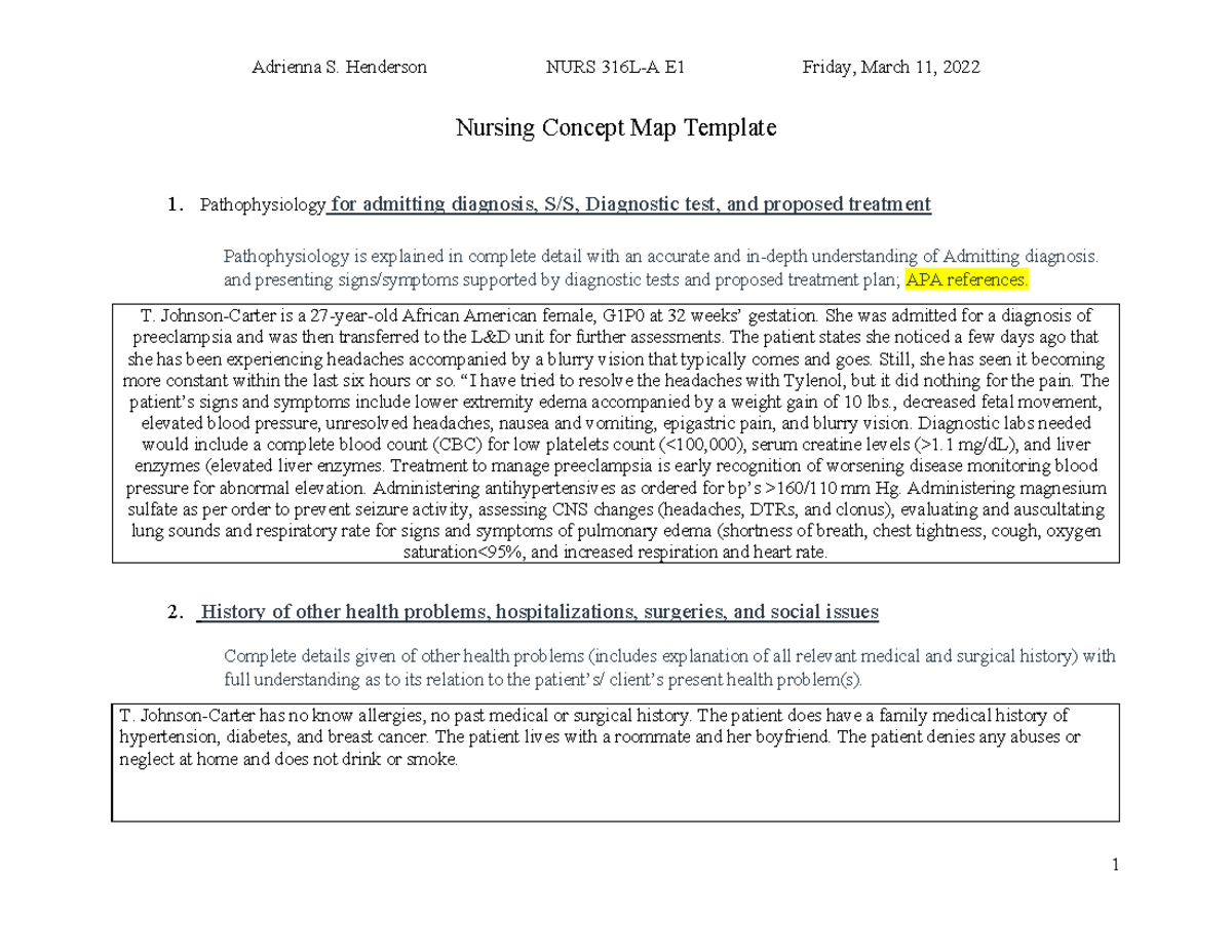 NURS 316 OB 3.11 Concept MAP - Nursing Concept Map Template 1 ...