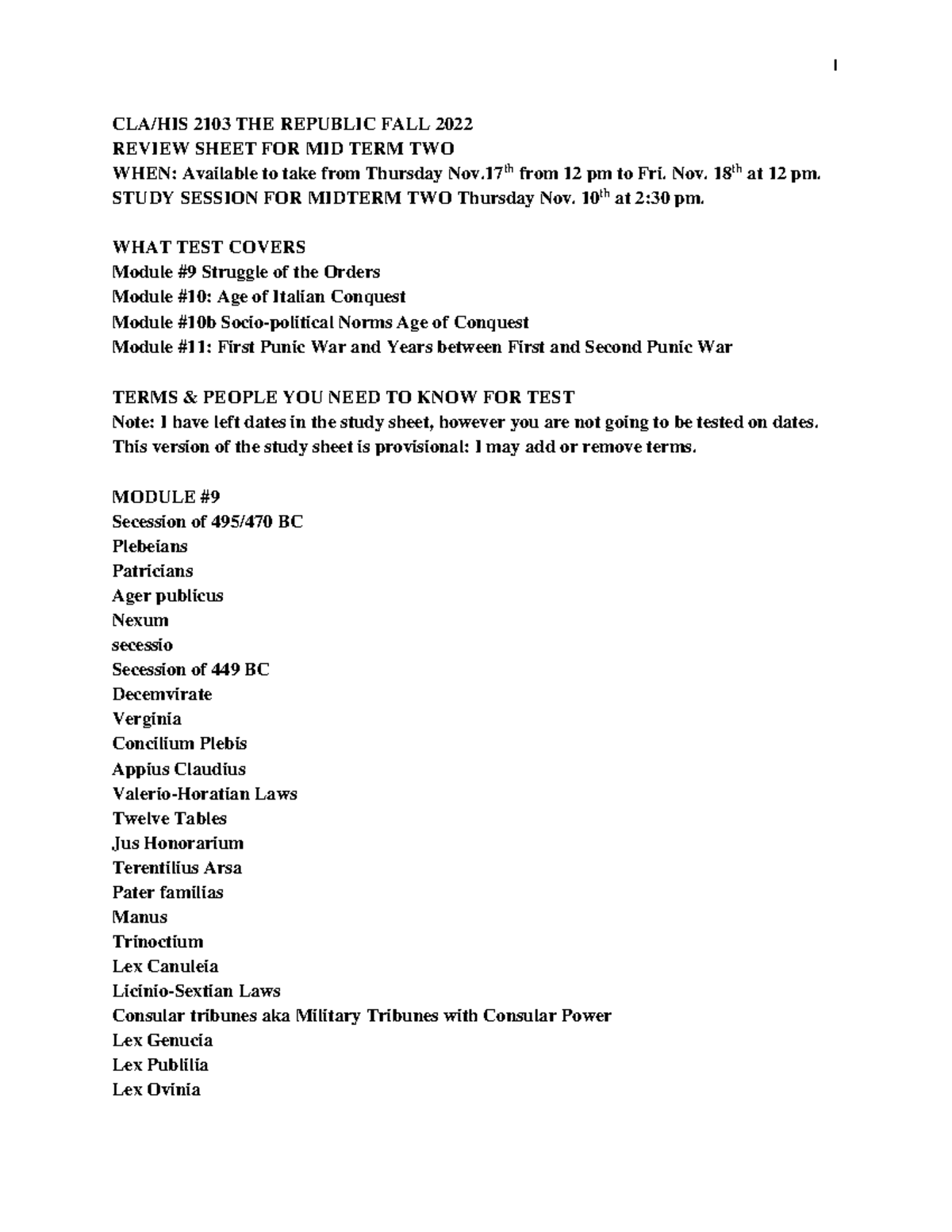 Final revised study sheet midterm two 10 11 - CLA/HIS 2103 THE REPUBLIC ...