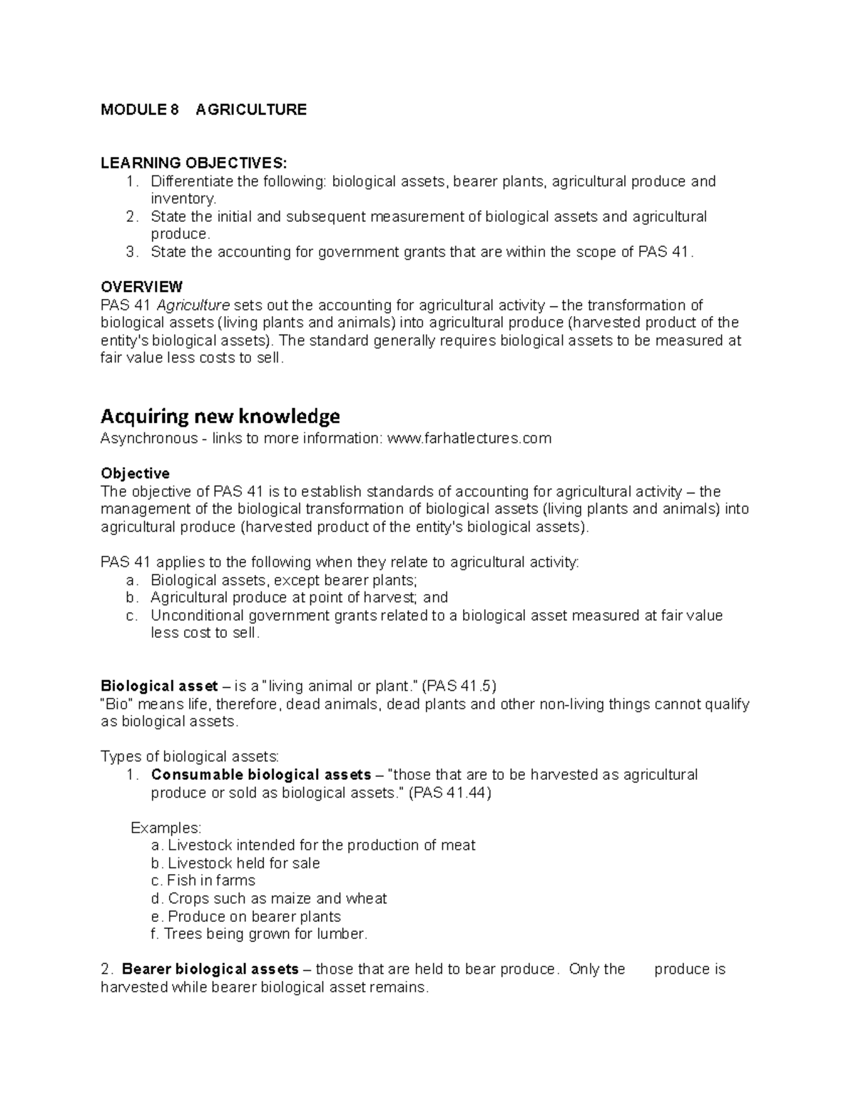 Module 8 Agriculture - None - MODULE 8 AGRICULTURE LEARNING OBJECTIVES: Differentiate the ...
