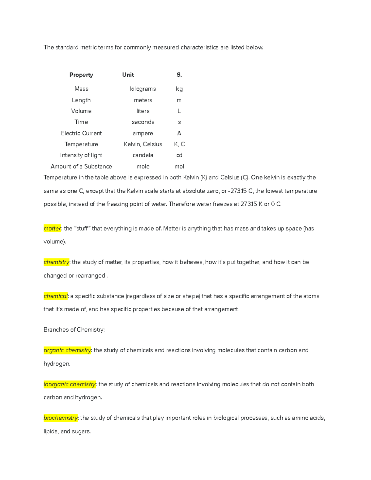 Chemistry Notes - The standard metric terms for commonly measured ...