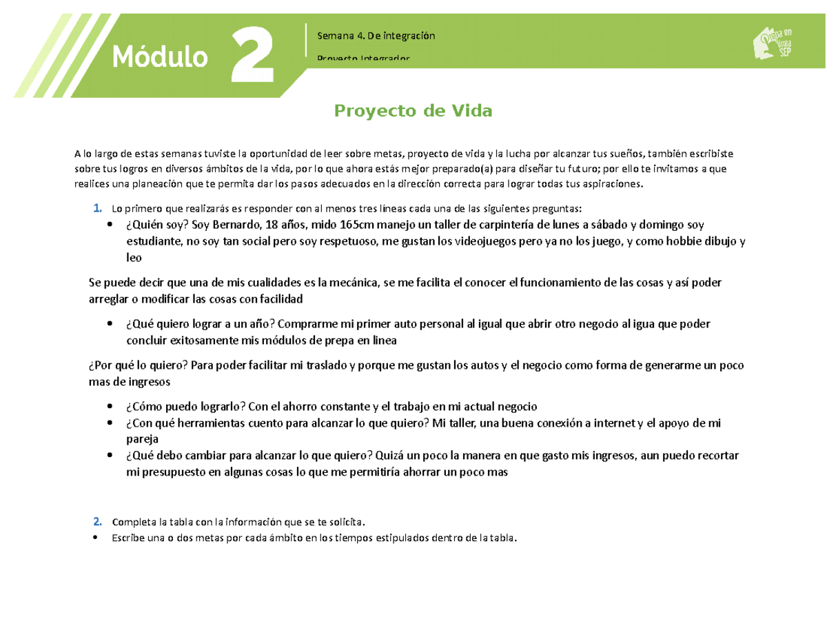 modulo 2 semana 4 proyecto integrador - Proyecto de Vida A lo largo de estas semanas tuviste la ...