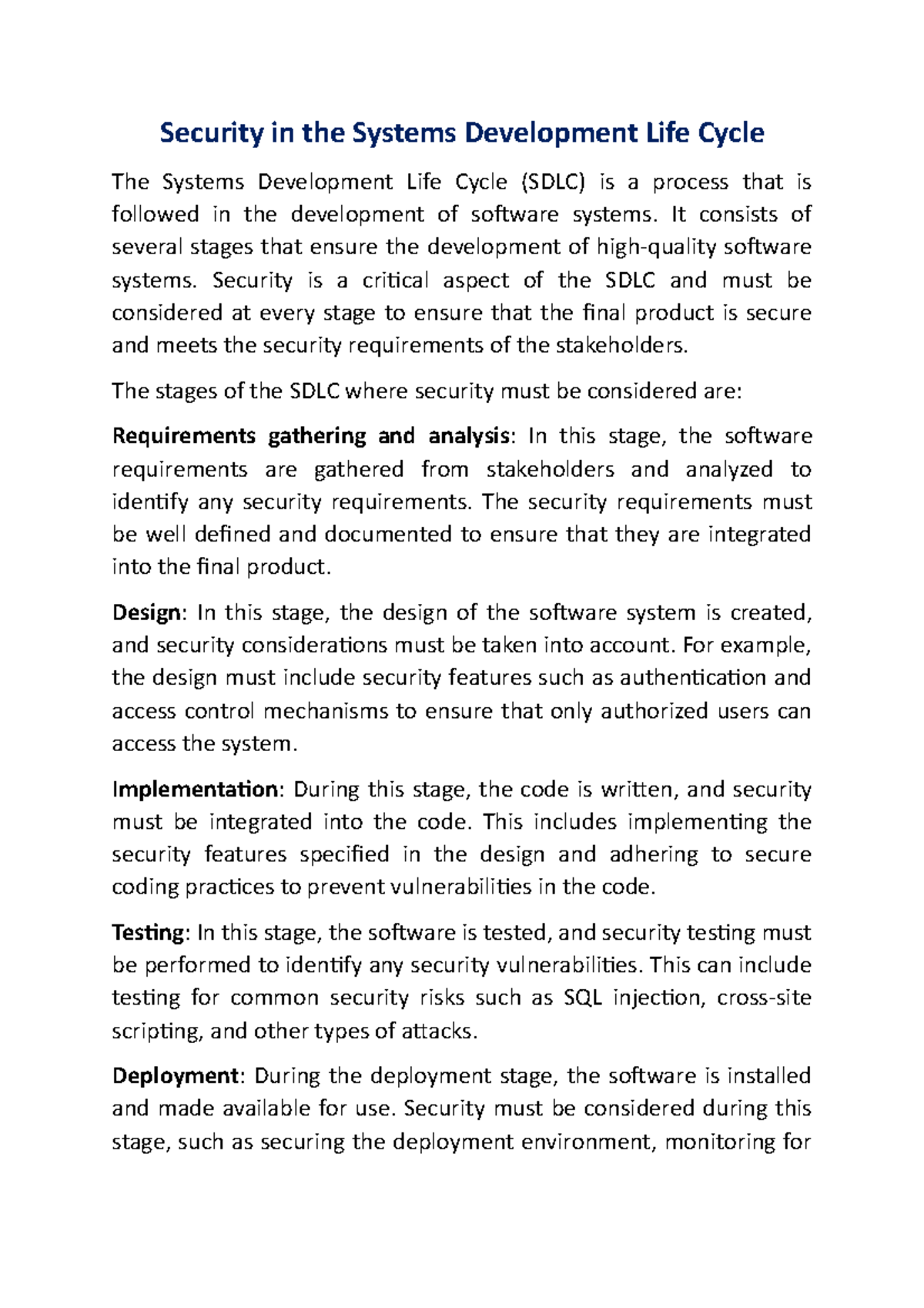 Security in the Systems Development Life Cycle - It consists of several ...