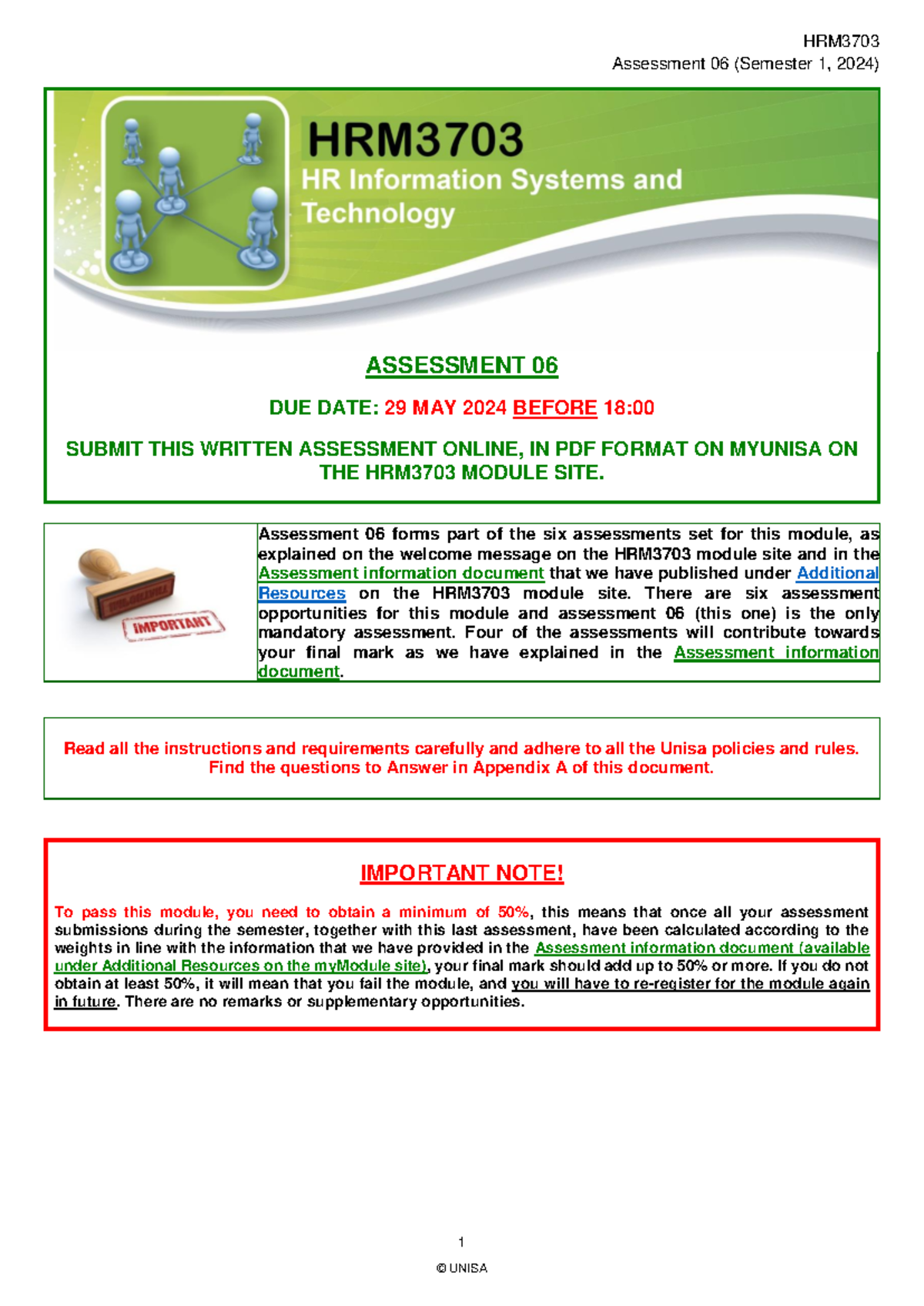 HRM3703 Assessment 06 information and questions S1 (2024) - Assessment ...