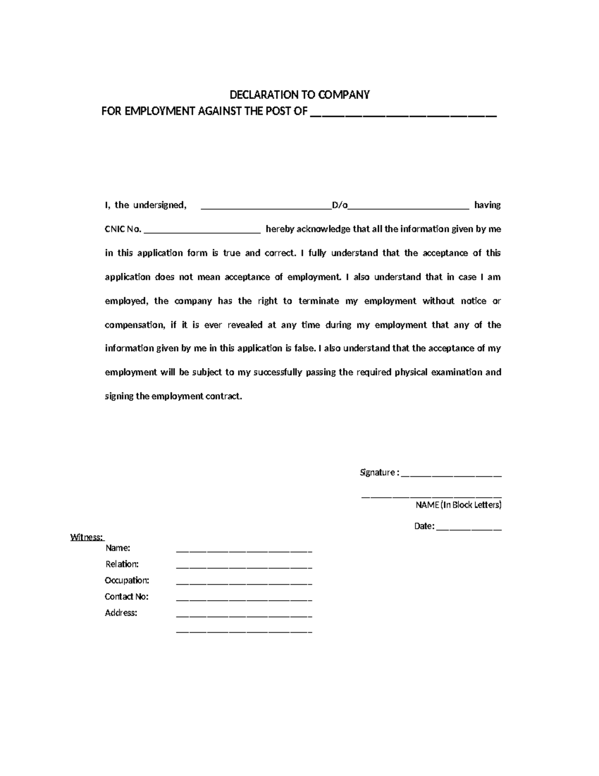 Declaration Form Template - DECLARATION TO COMPANY FOR EMPLOYMENT ...