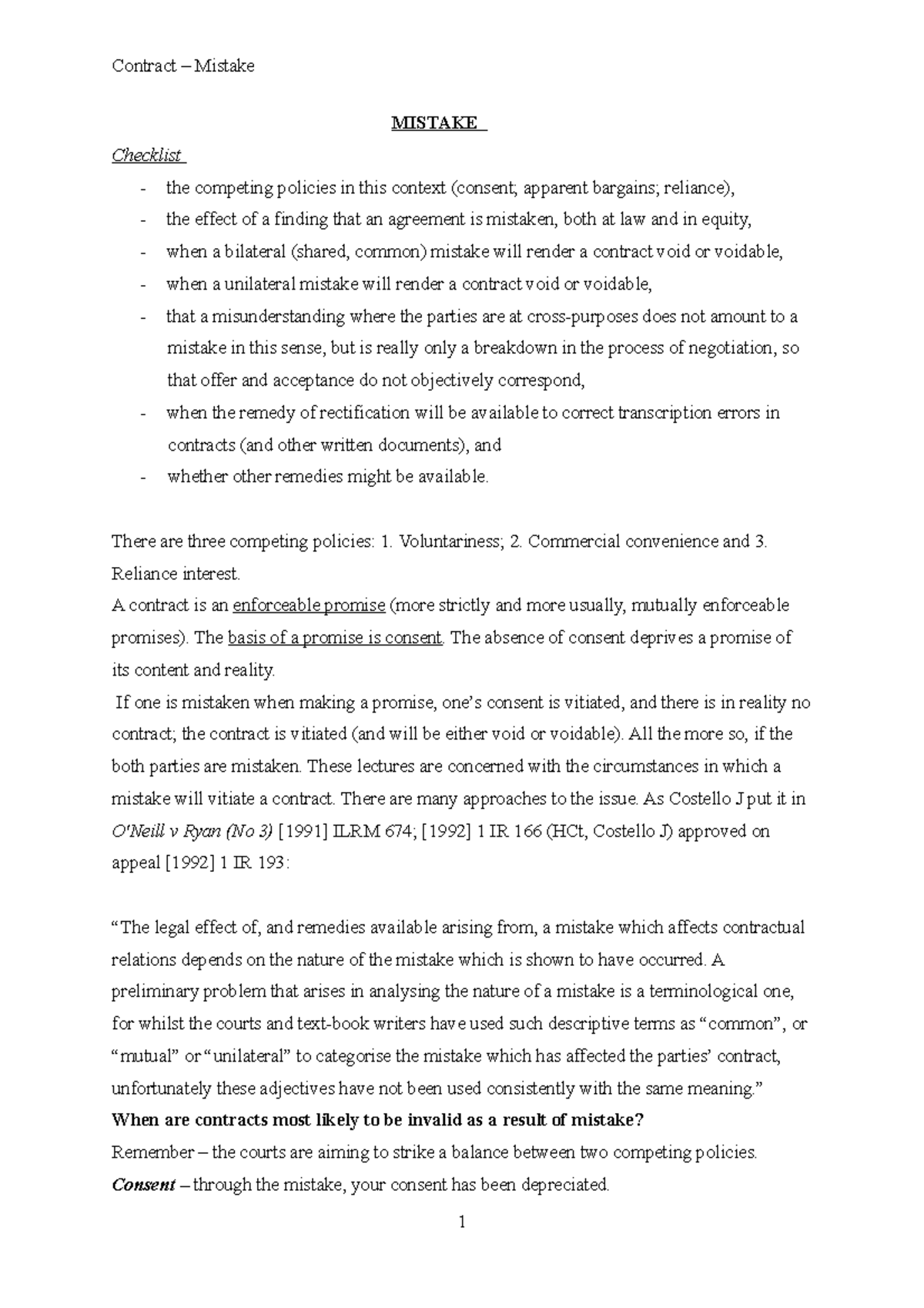 Mistake - notes - Contract Mistake MISTAKE Checklist the competing ...