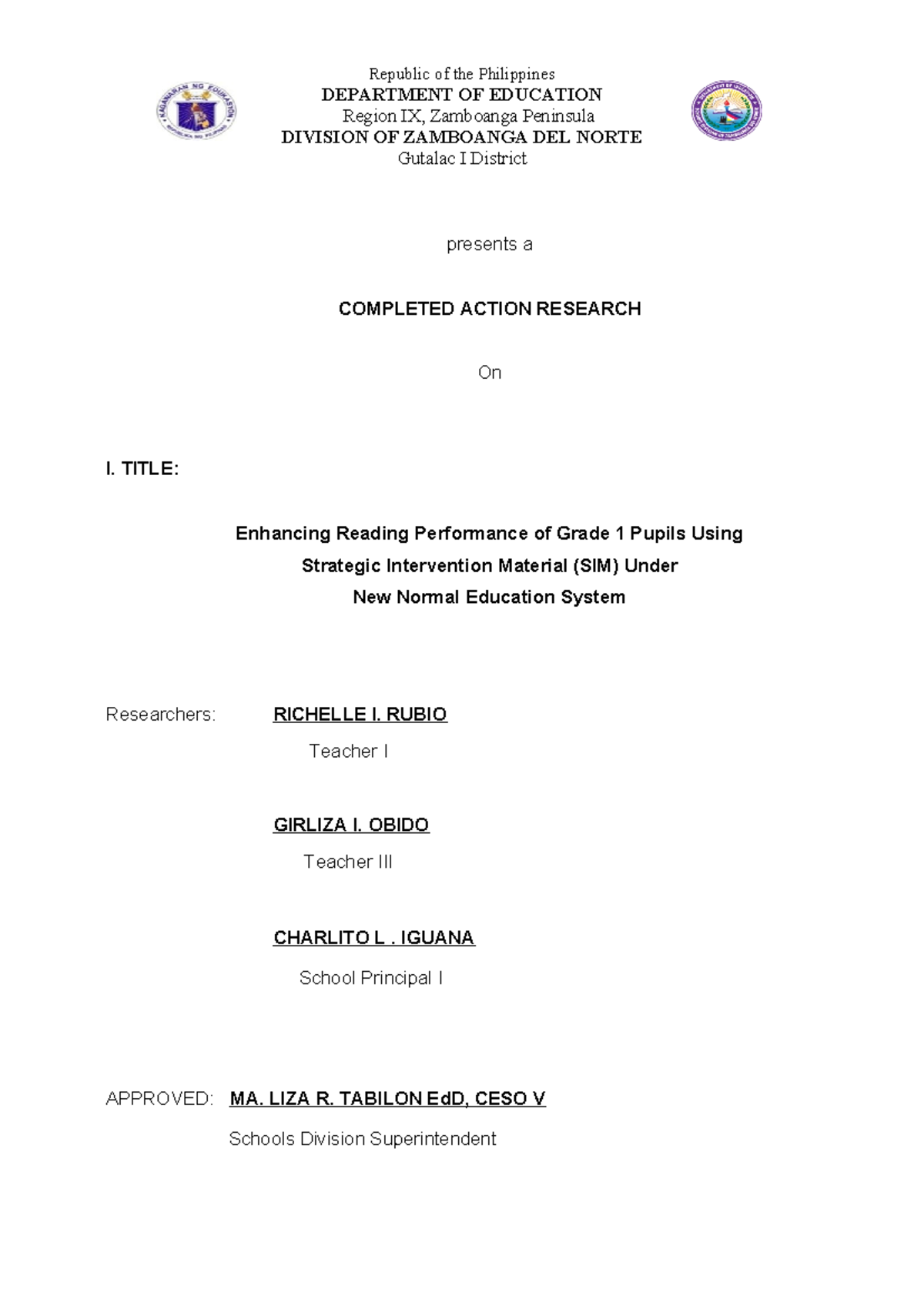 Completed Action Research - Republic of the Philippines DEPARTMENT OF ...