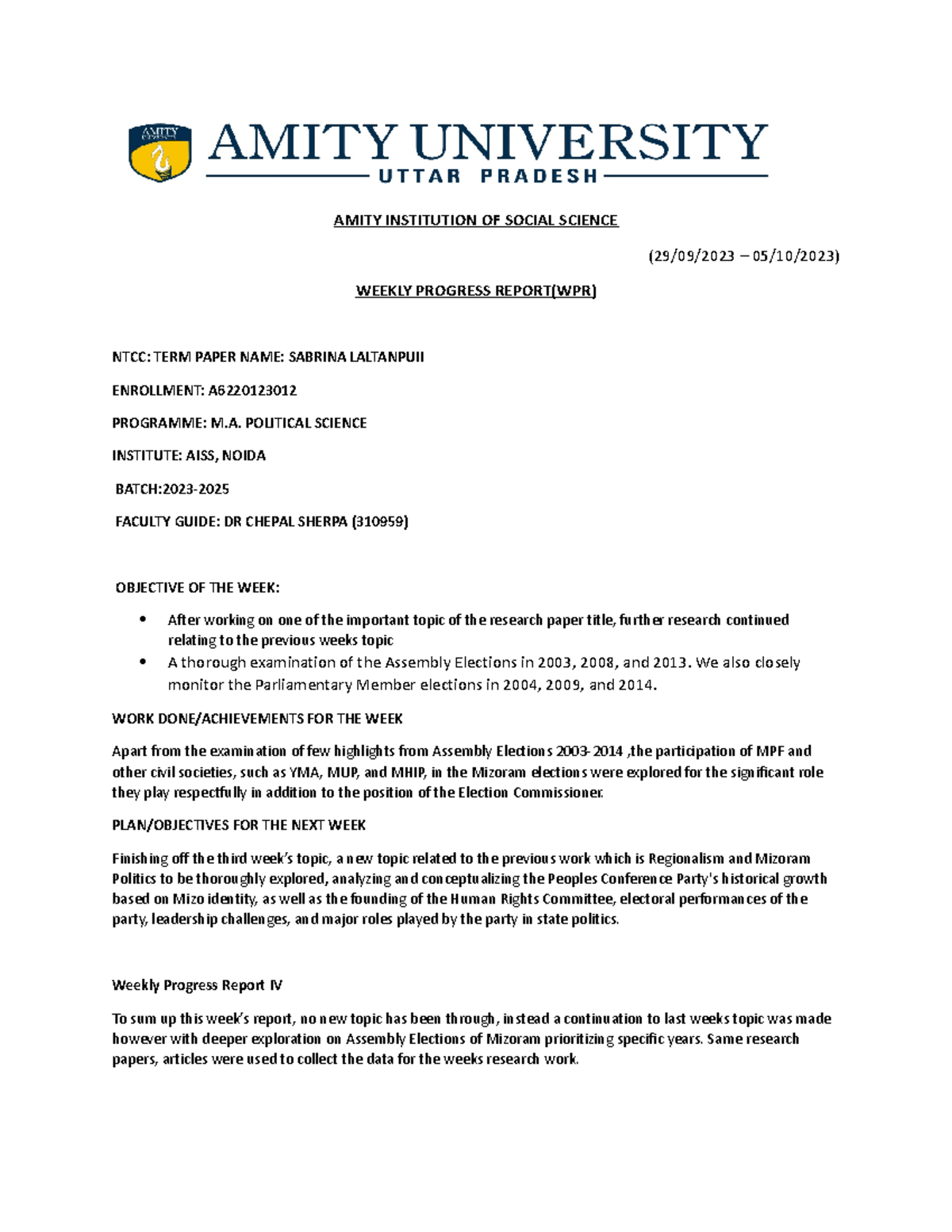 Wpr week3 - WPR W3 - AMITY INSTITUTION OF SOCIAL SCIENCE (29/09/2023 ...