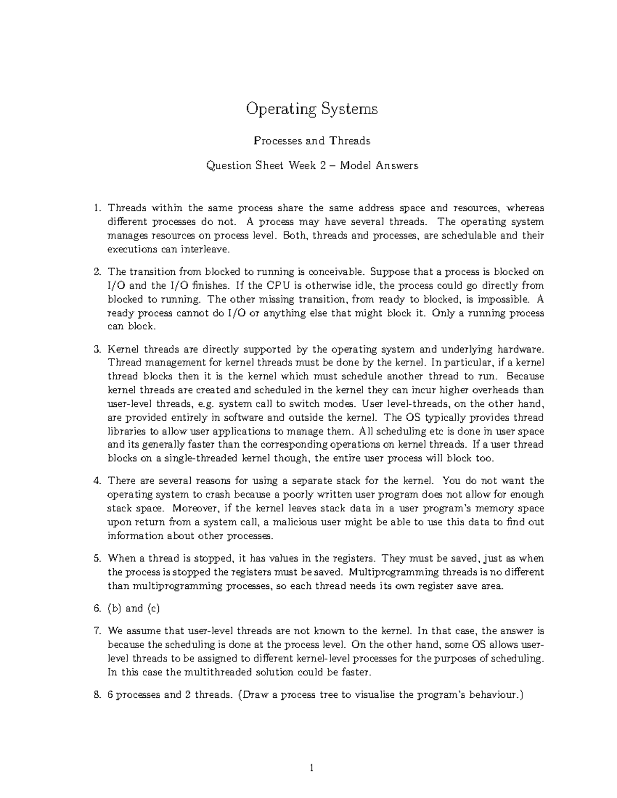 Question set 2 - model answers - Operating Systems Processes and ...