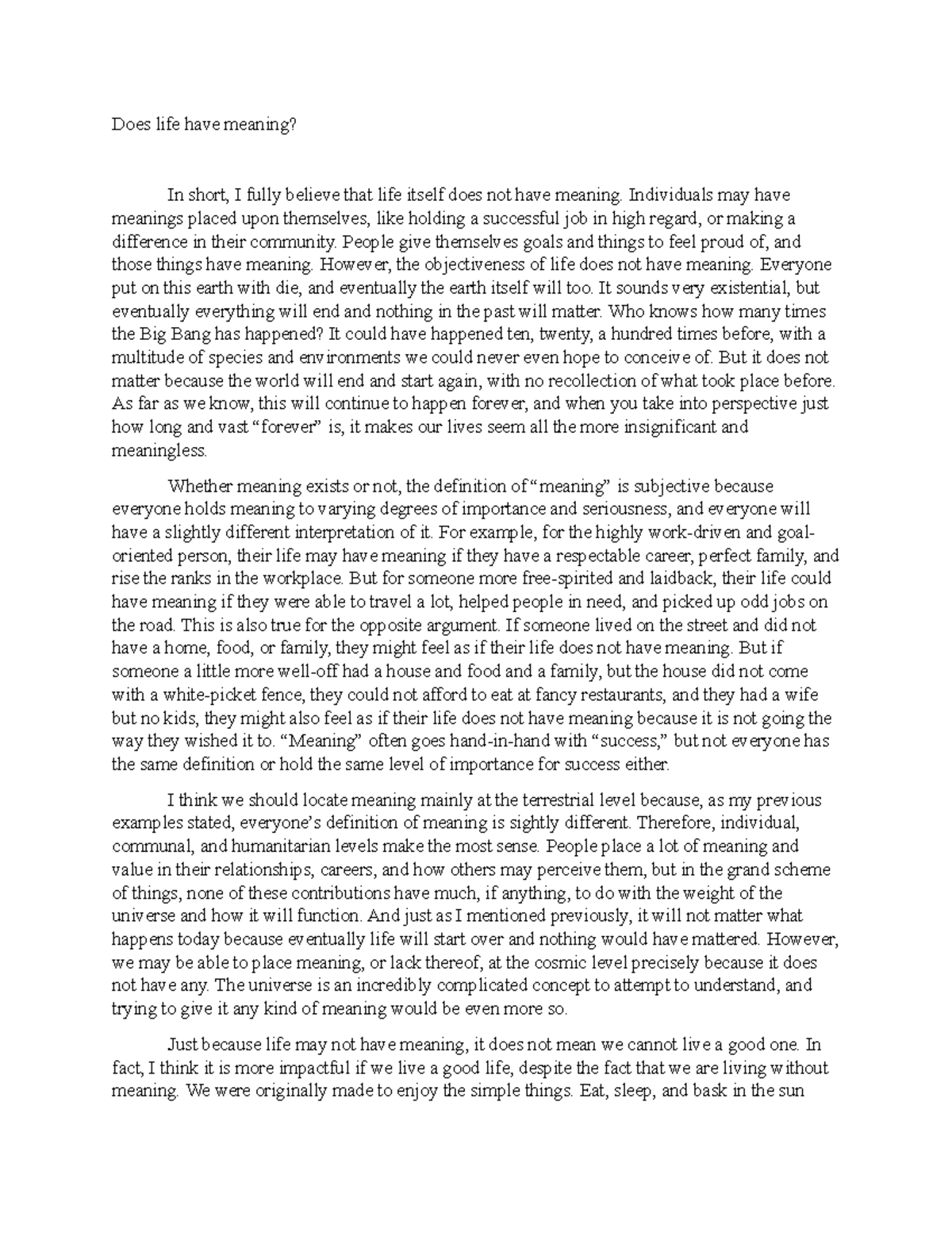 Does Life Have Meaning Comment Sheet Does Life Have Meaning In Short