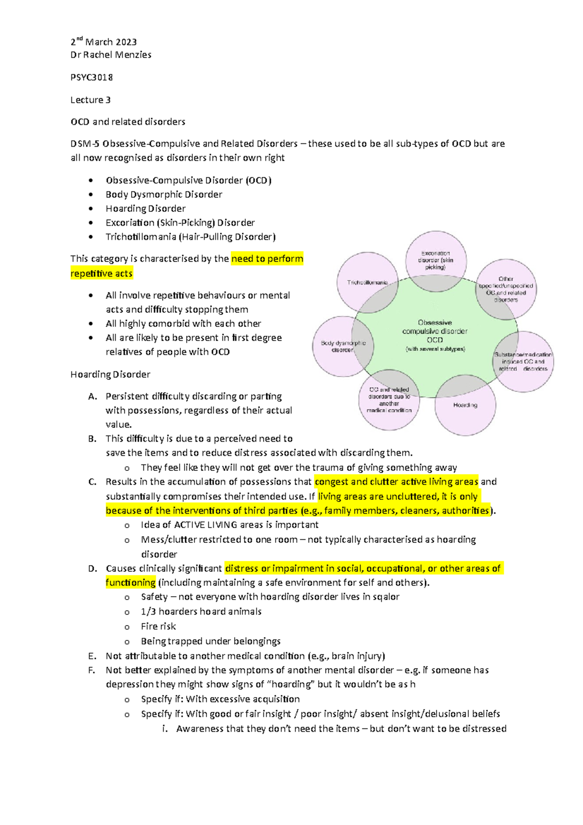 PSYC3018 Lecture 04 OCD - Dr Rachel Menzies PSYC Lecture 3 OCD and related disorders DSM-5 - Studocu