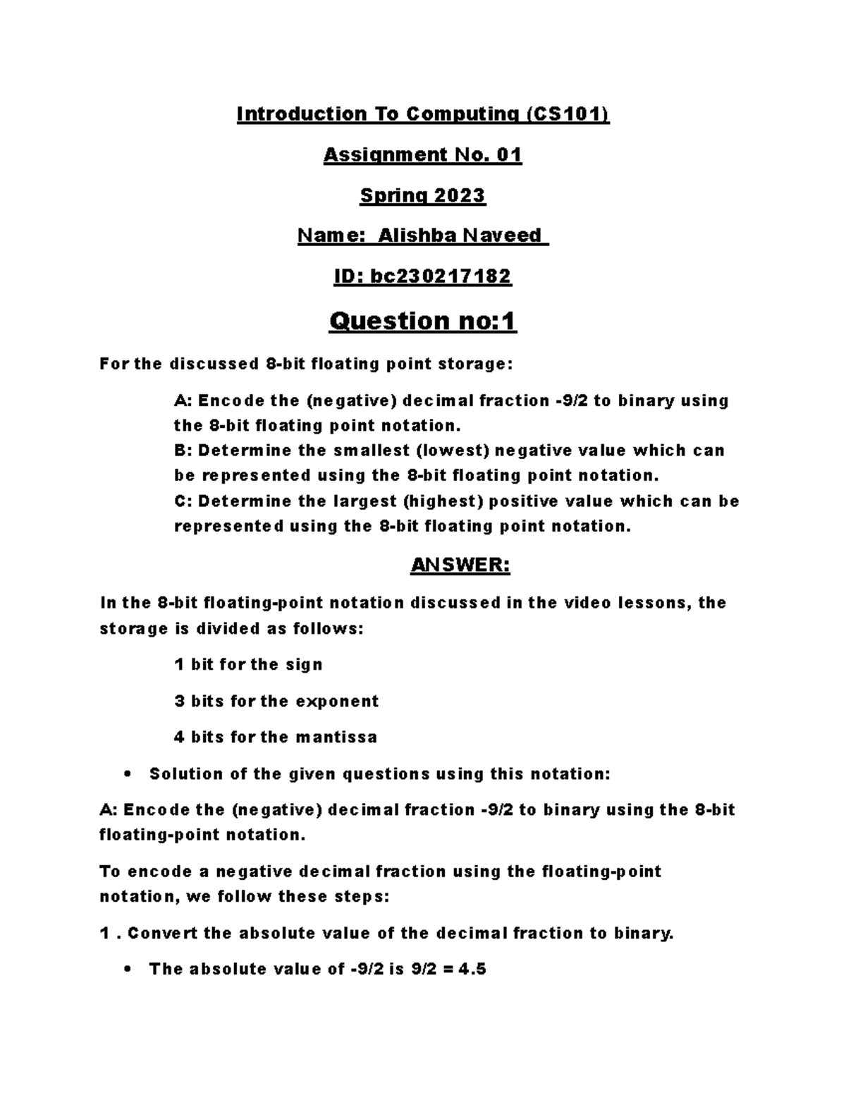 Introduction To Computing - 01 Spring 2023 Name: Alishba Naveed ID: bc ...