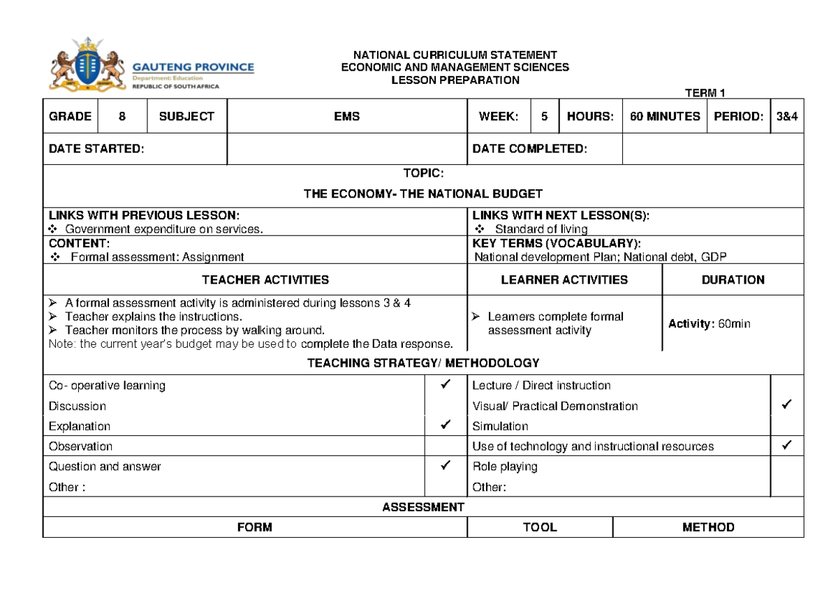 7. WEEK 5 Lesson PLAN 3&4 - NATIONAL CURRICULUM STATEMENT ECONOMIC AND ...