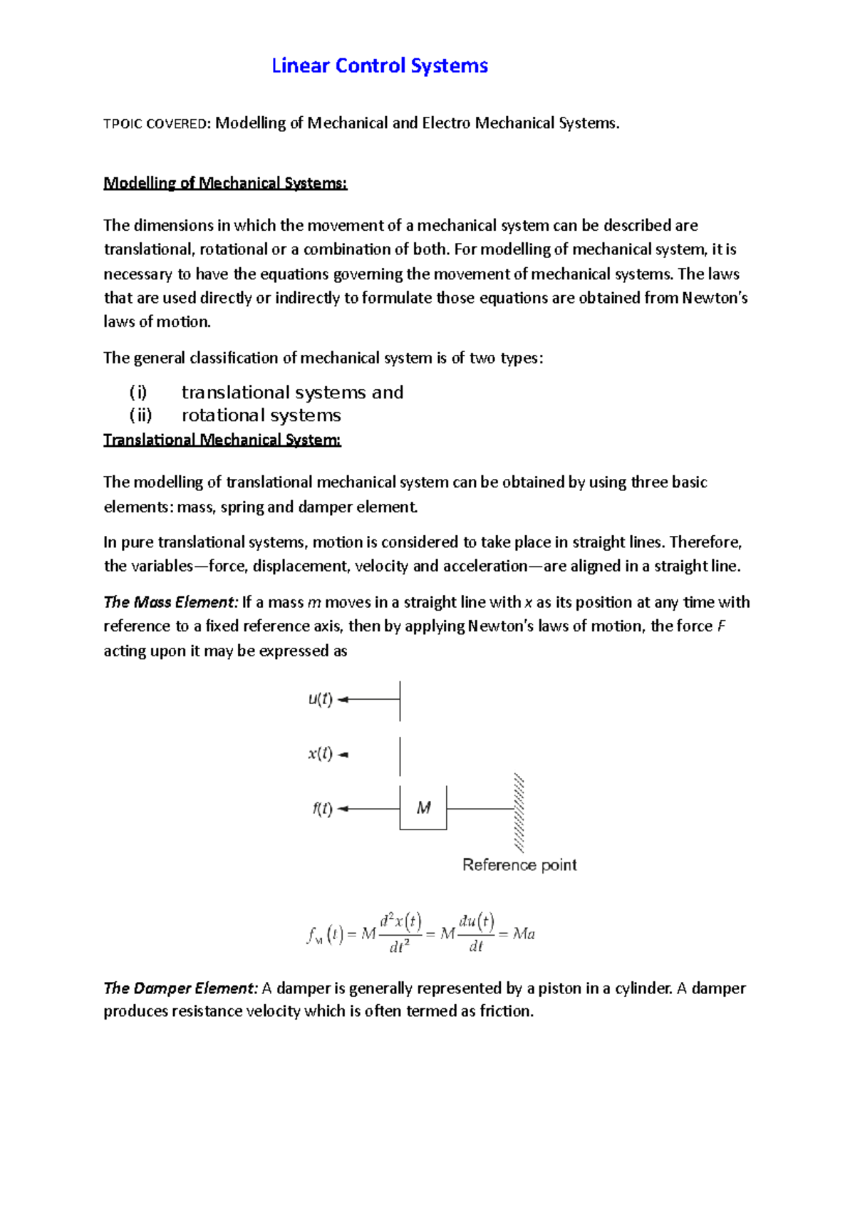 Modelling of Mechanical and Electro Mechanical Systems - Modelling of ...