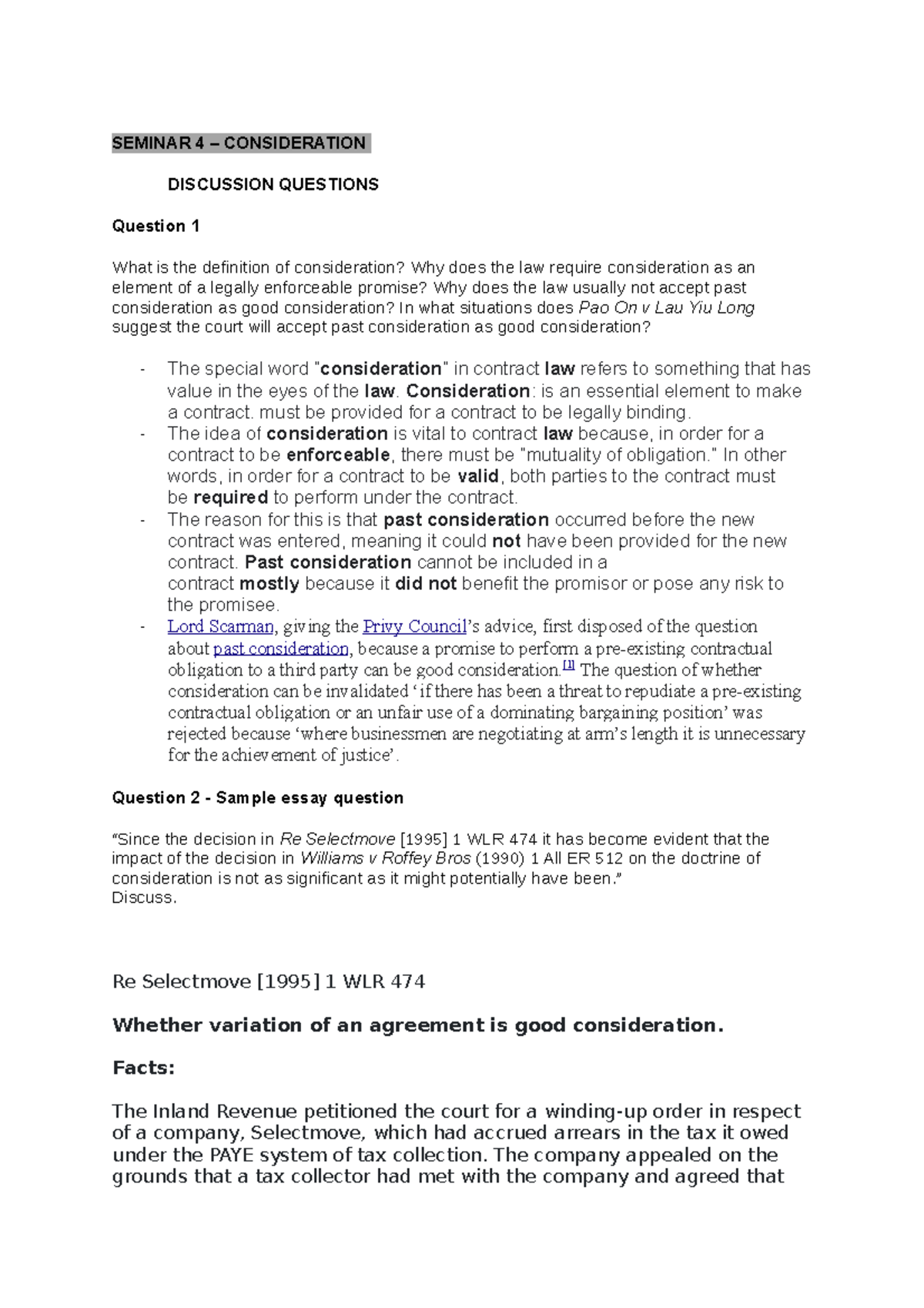 Seminar 4- Consideration in Contract - SEMINAR 4 – CONSIDERATION ...