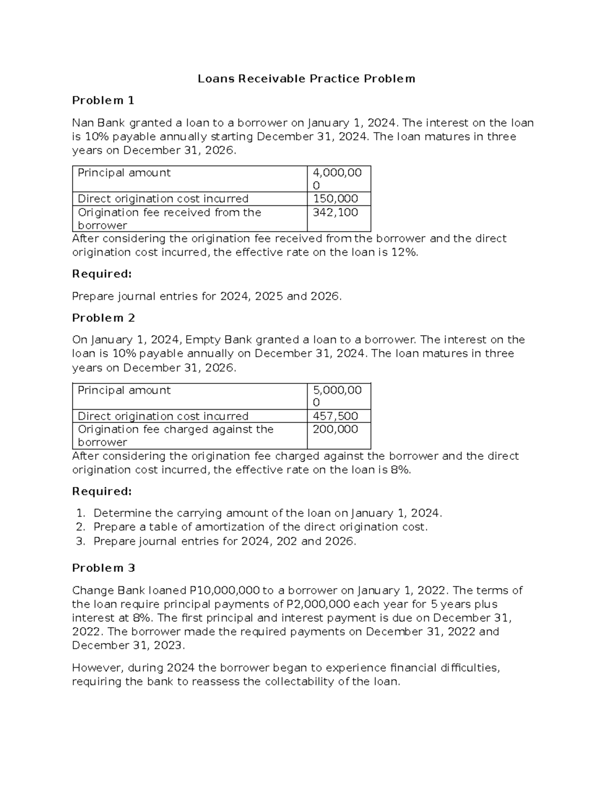 Loans Receivable Practice Problem - Loans Receivable Practice Problem ...