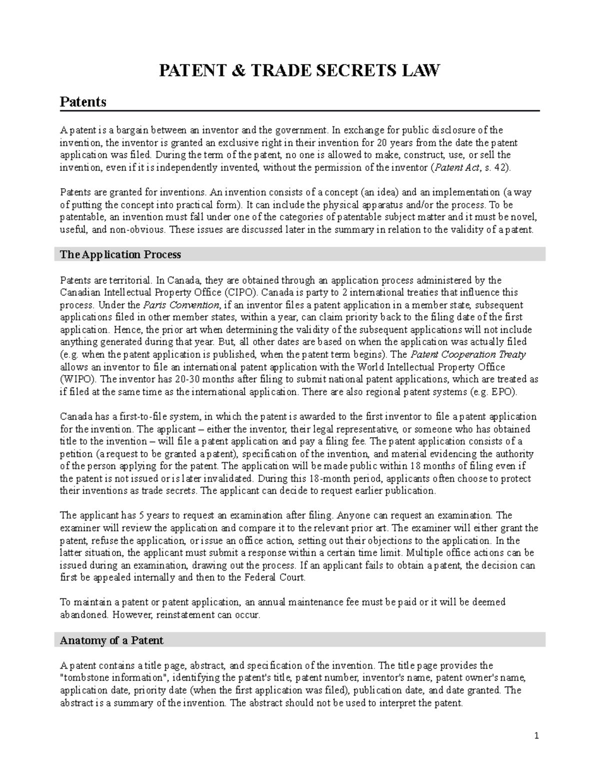 Patent Trade Secrets Law Notes - Cameron Spring 2019 - PATENT & TRADE ...