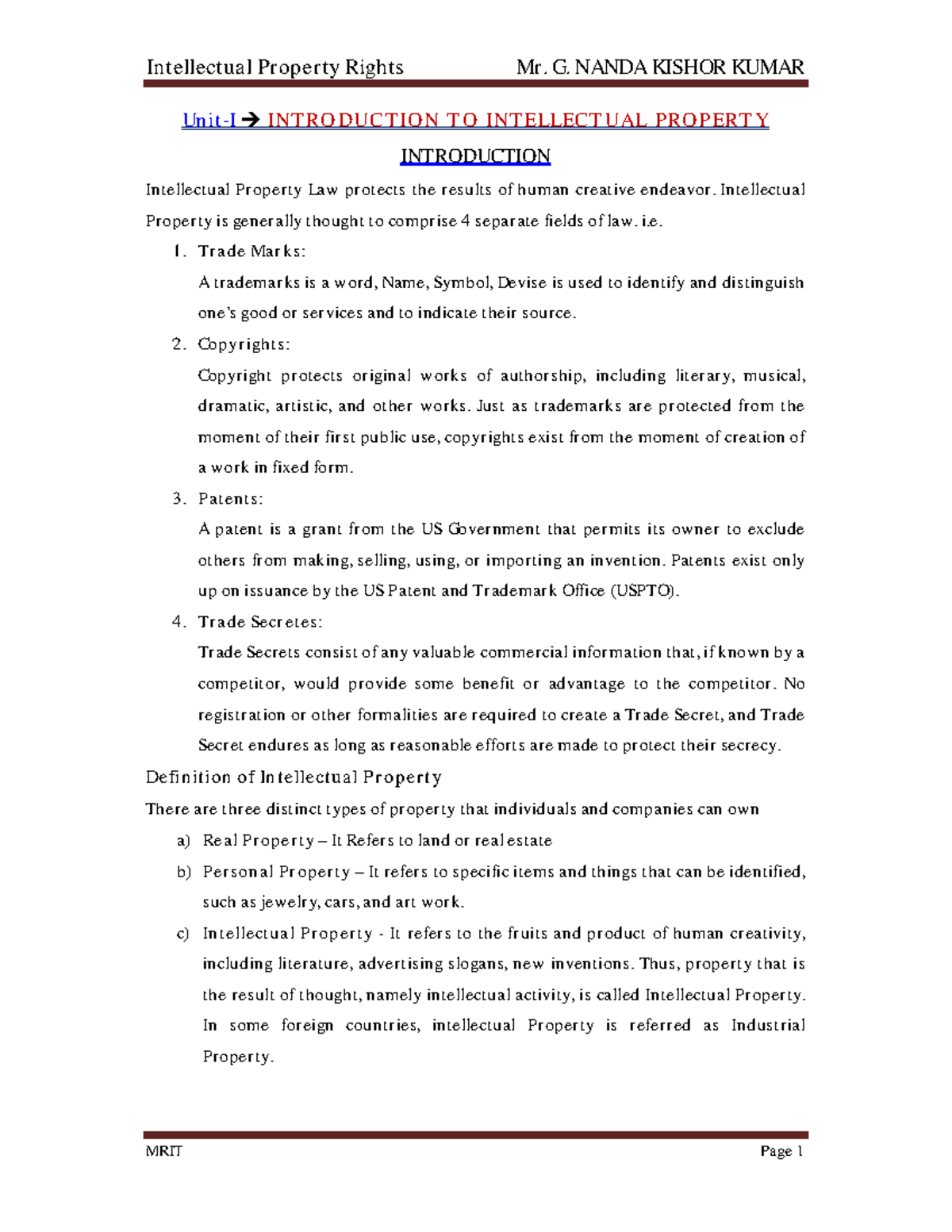 1. IPR-Unit1-Final - Unit-I INTRODUCTION TO INTELLECTUAL PROPERTY INTRODUCTION Intellectual ...