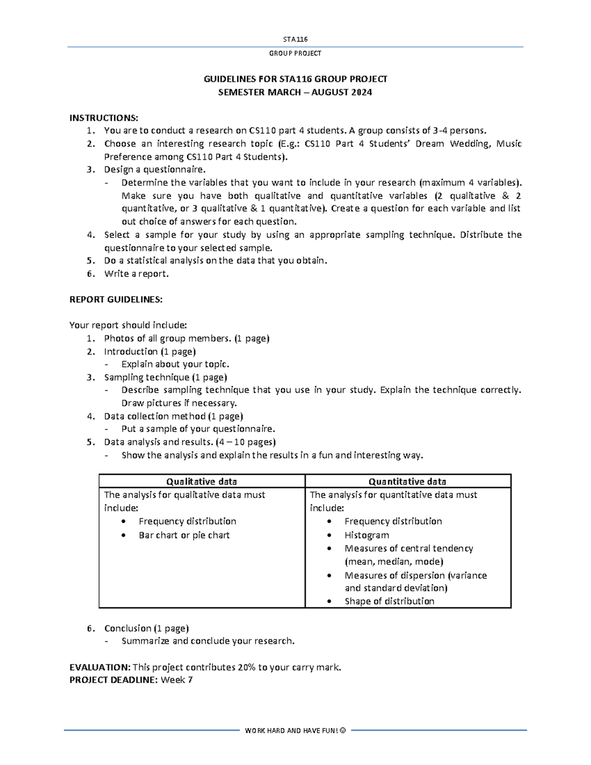 STA116 Group Project Guidelines OCT 2023 FEB 2024 - STA 116 GROUP ...