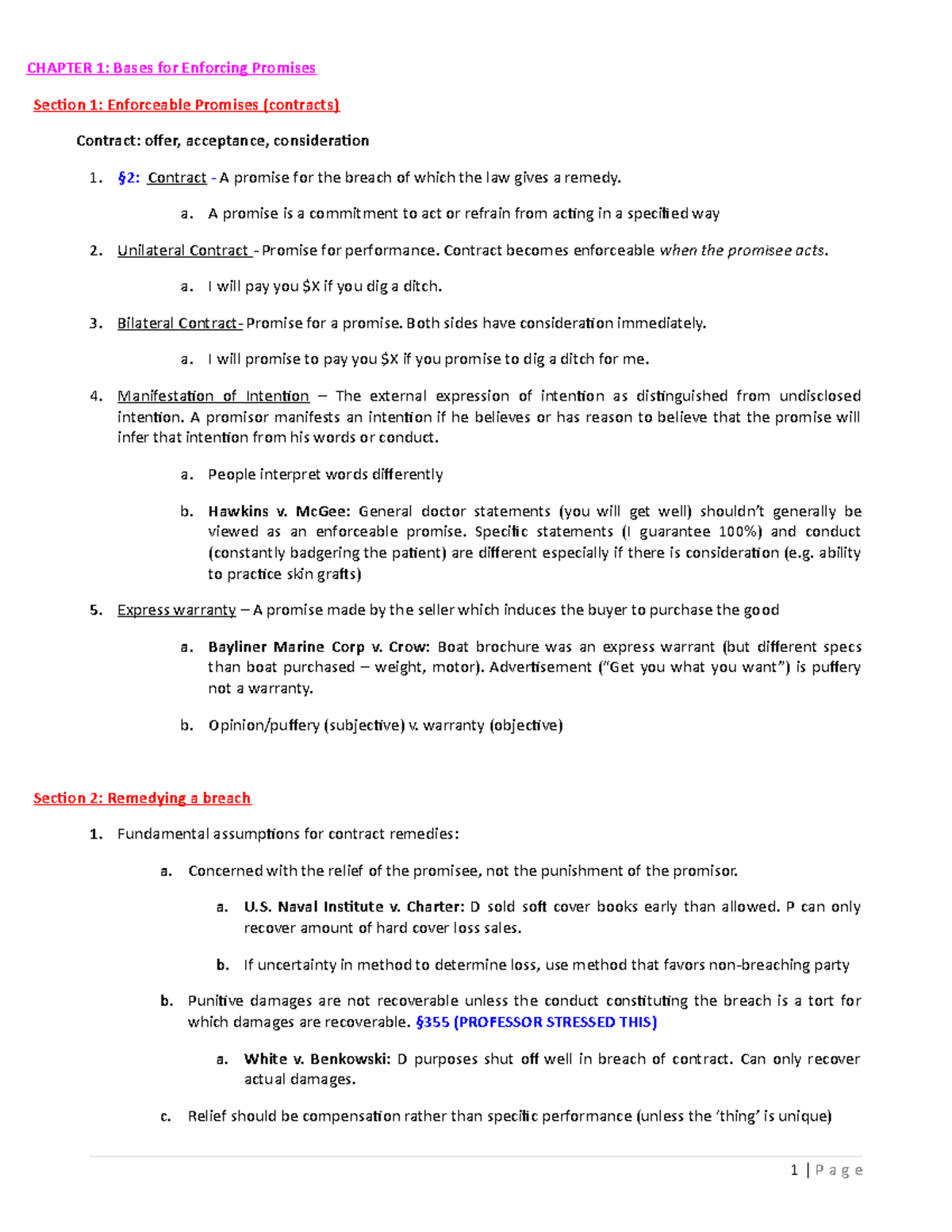 Contracts I Main Outline - CHAPTER 1: Bases for Enforcing Promises ...