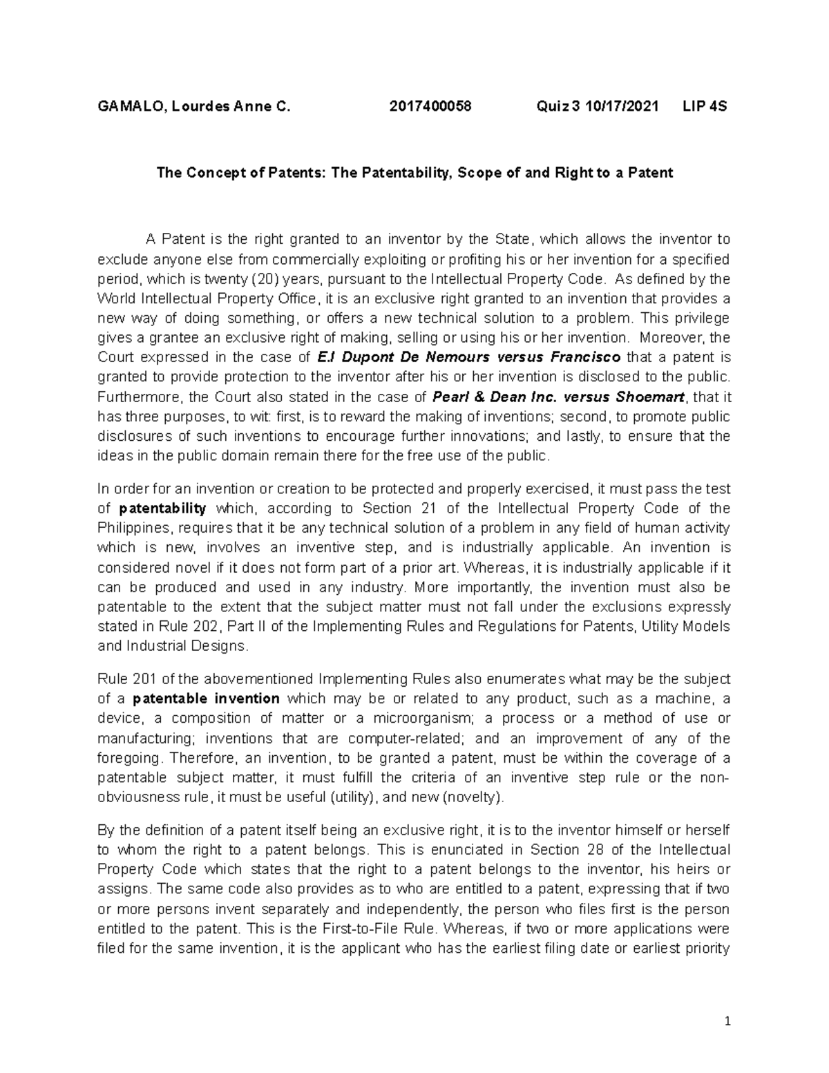 Quiz 3 copy galo - GAMALO, Lourdes Anne C. 2017400058 Quiz 3 10/17/2021 LIP 4S The Concept of ...