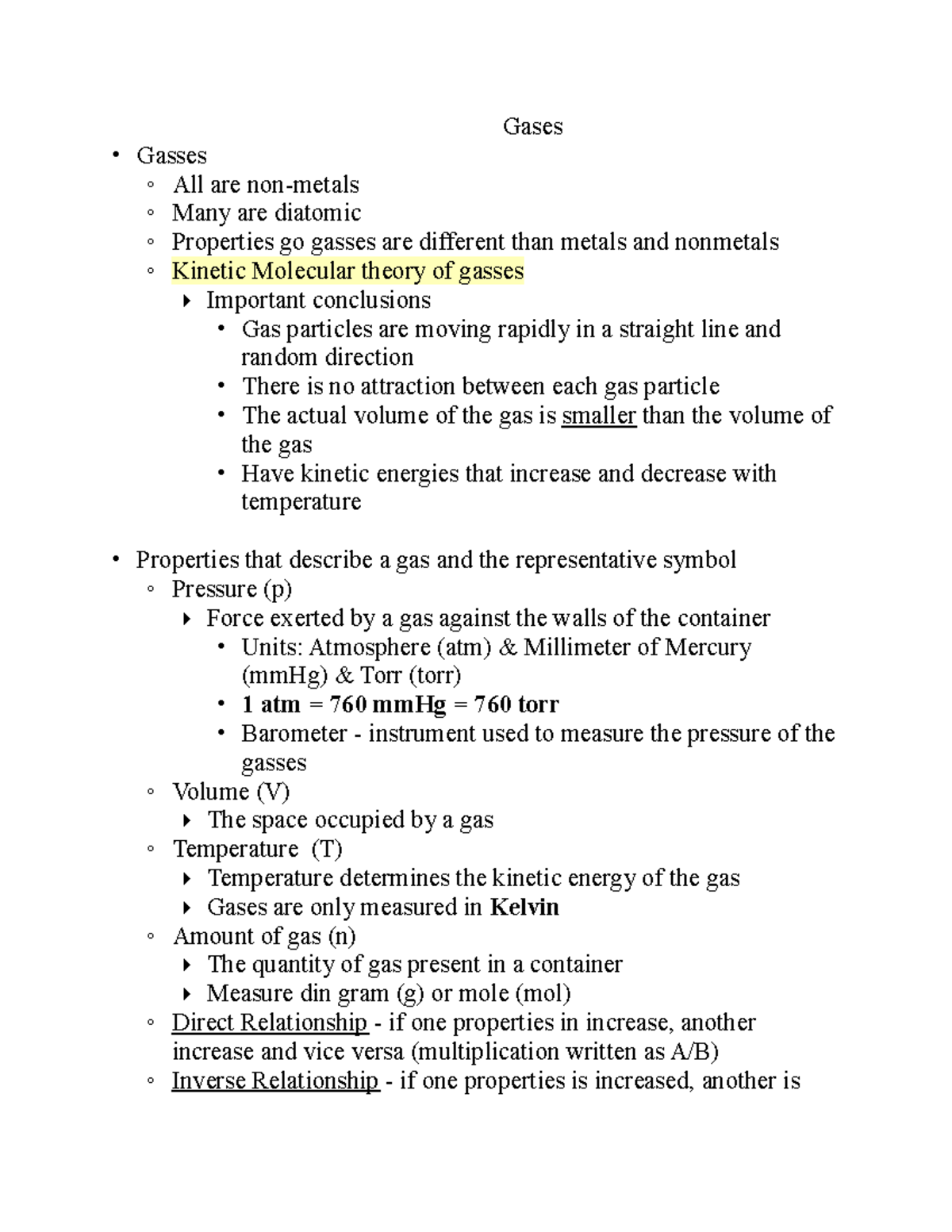 Chapter 6: Gasses - Lecture notes 6 - Gases Gasses All are non-metals ...
