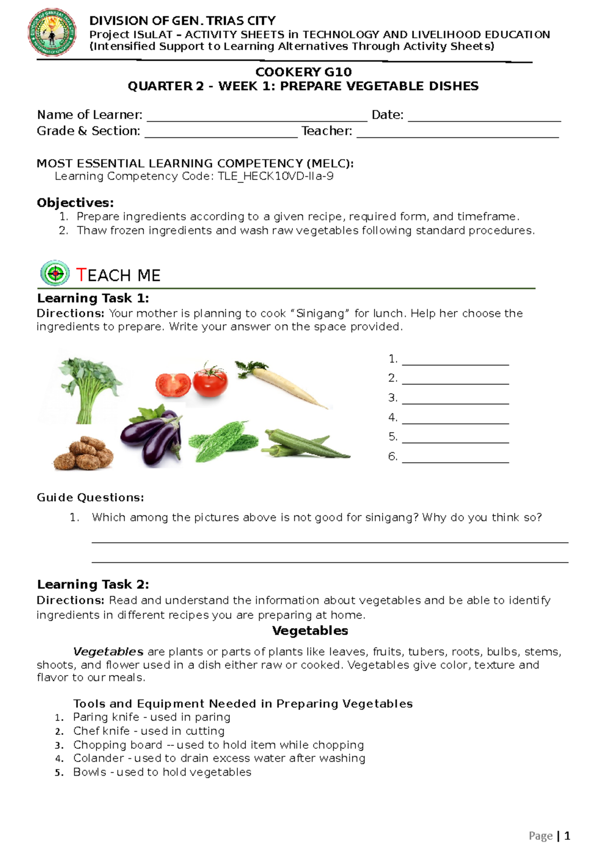AS Cookery-10 Q2 W1 - answer - Project ISuLAT – ACTIVITY SHEETS in ...
