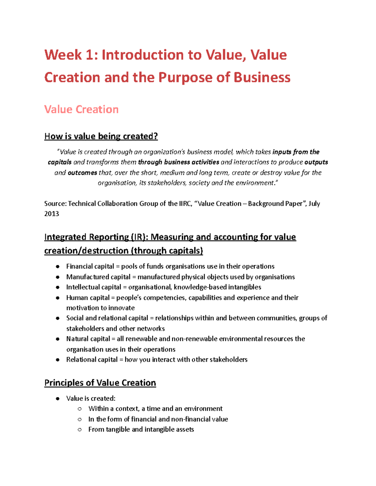 Lecture notes - Week 1: Introduction to Value, Value Creation and the ...