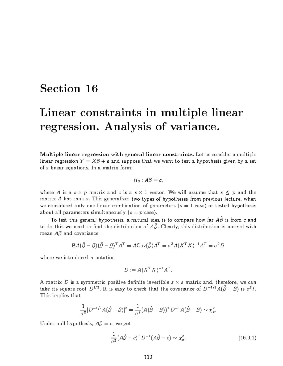 Section 16 General Linear Constraints In Multiple Linear Regression And Analysis Of Variance And